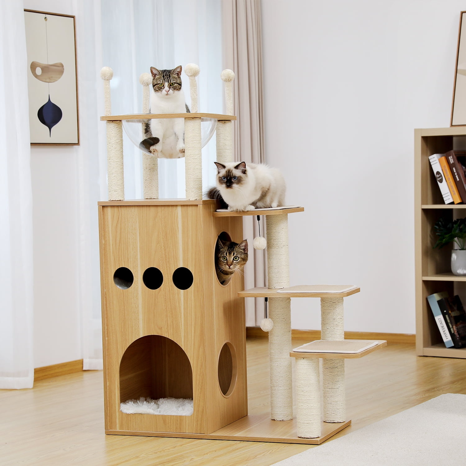 Pefilos 51" Modern Wooden Cat Tree for Indoor Cats Multi-Level Cat ...