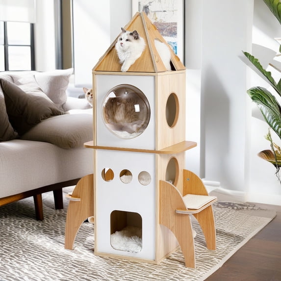 Pefilos 54" Modern Cat Tree Tower Rocket Shape, Multilevel Cat Condo ...
