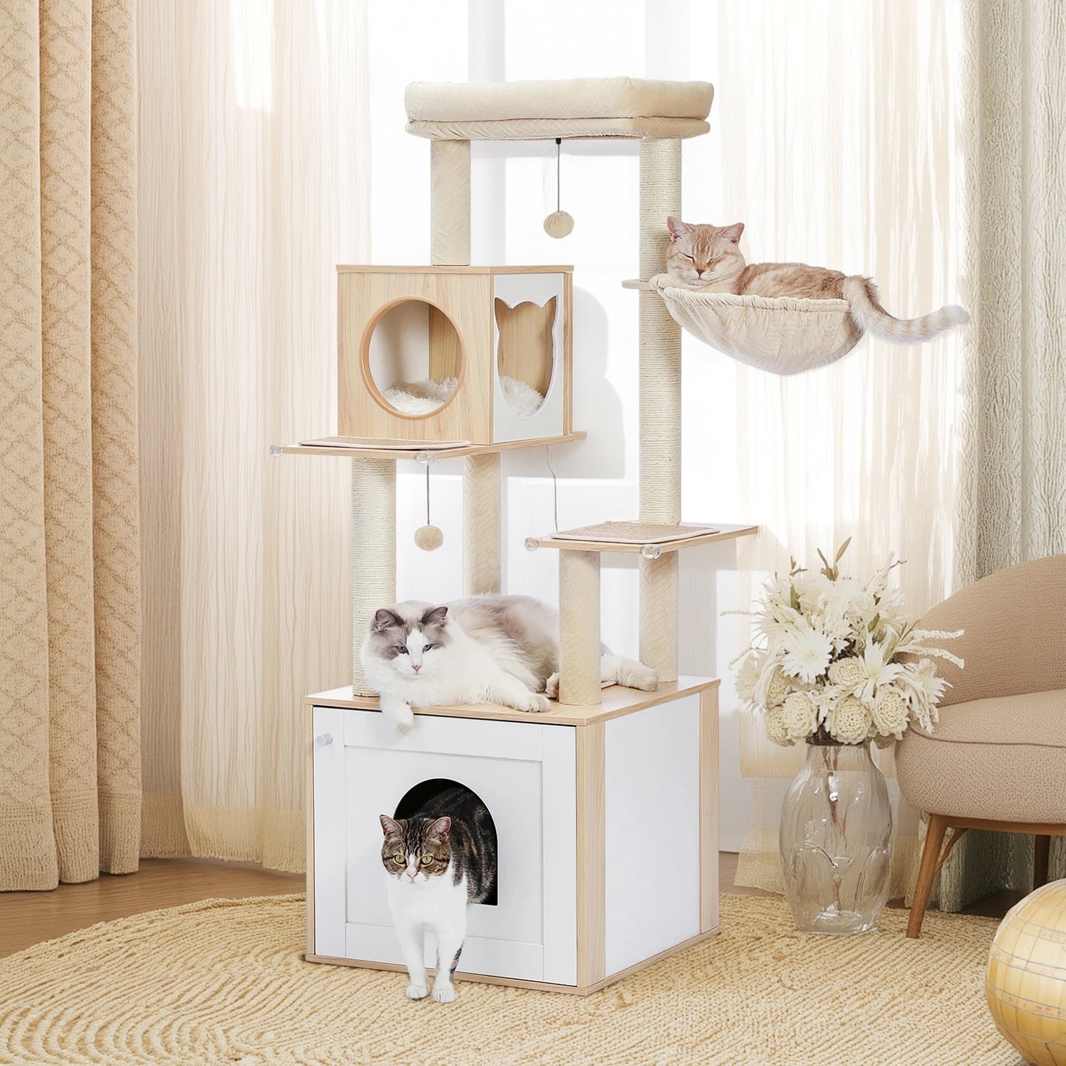 Pefilos 56" Modern Wood Cat Tree for Indoor with Litter Box Enclosure ...