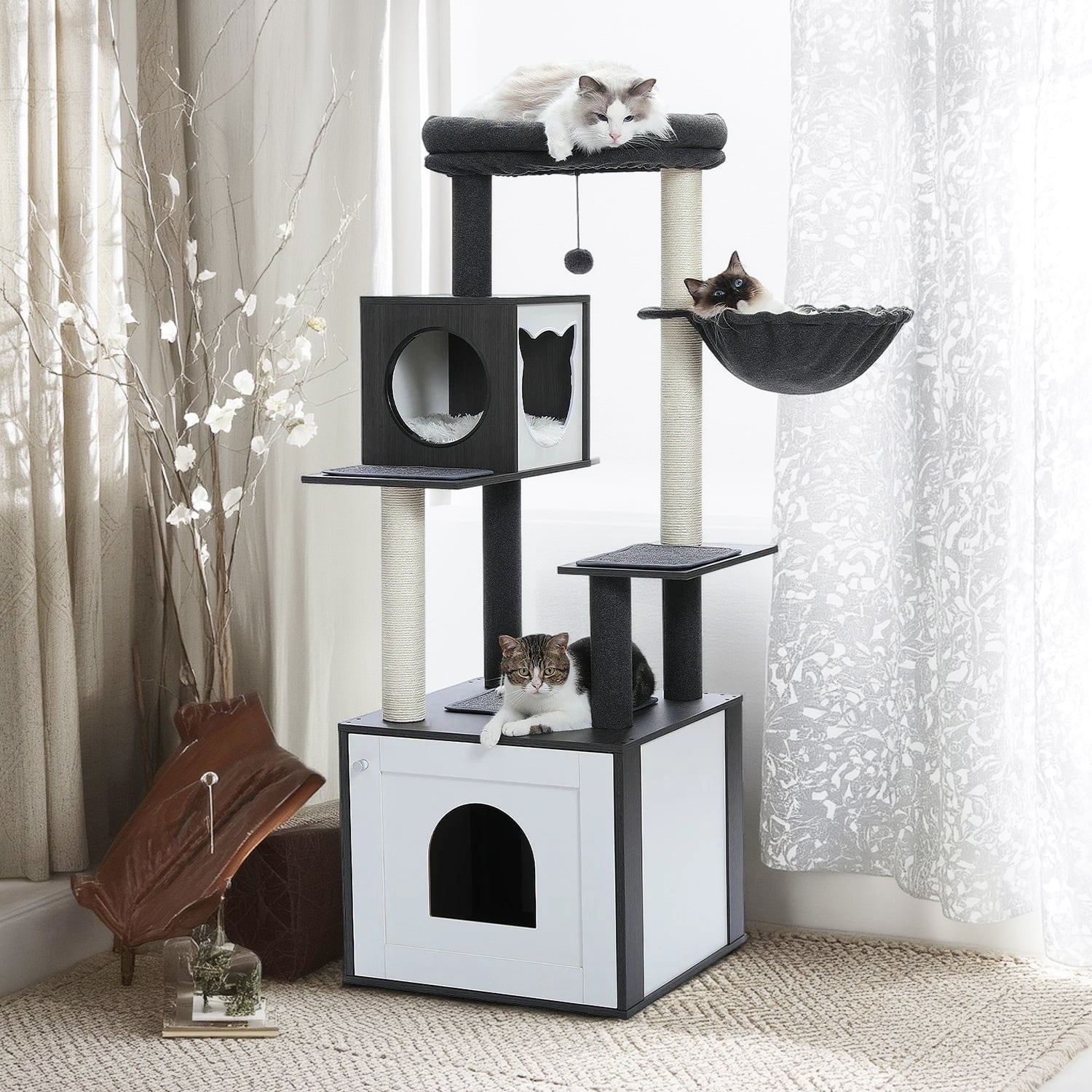 Pefilos 59in Wood Modern 5-Tier Cat Tree Tower, Kitty Furniture with ...