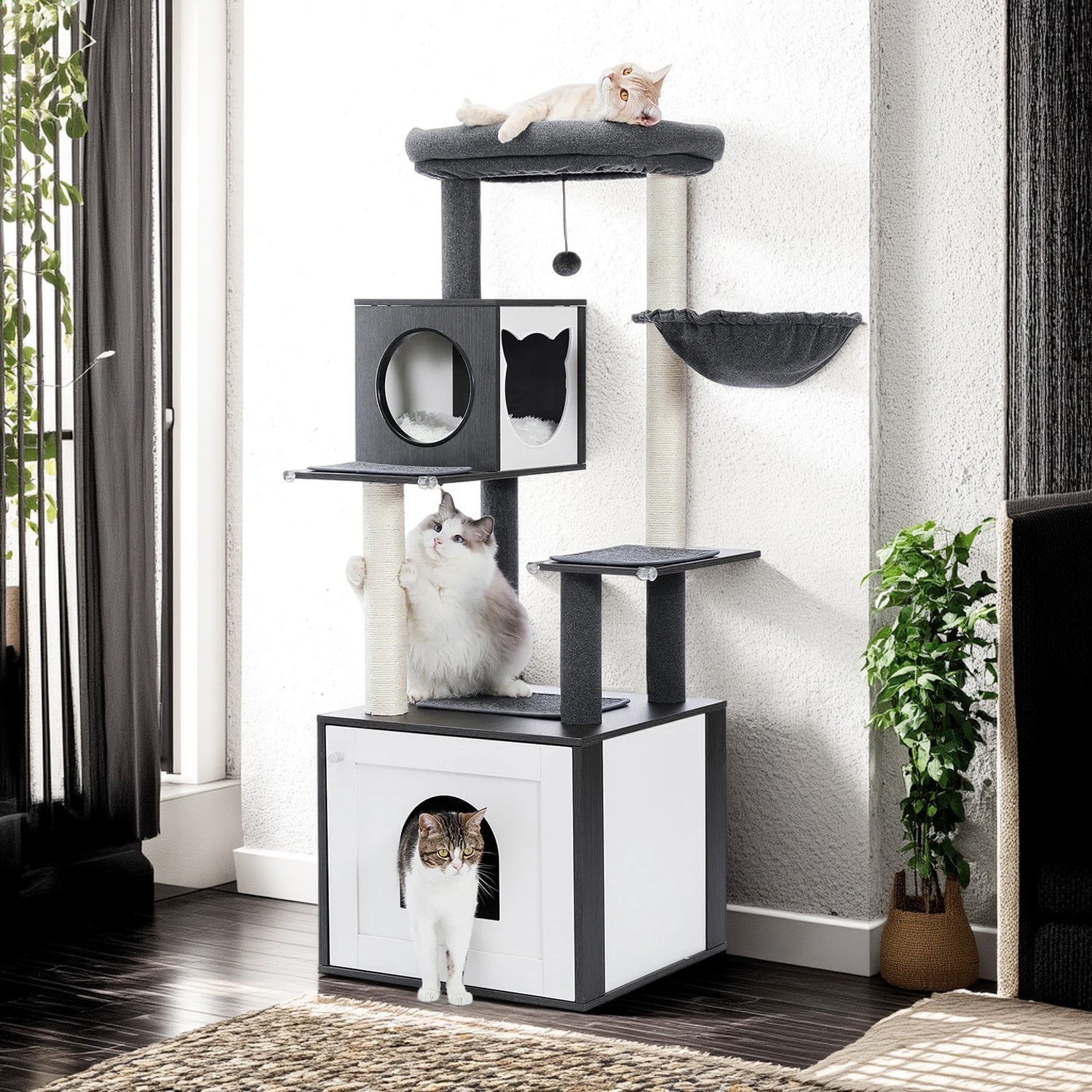 Pefilos 56" Wood Cat Tree Tower with Litter Box Enclosure Cabinet and ...