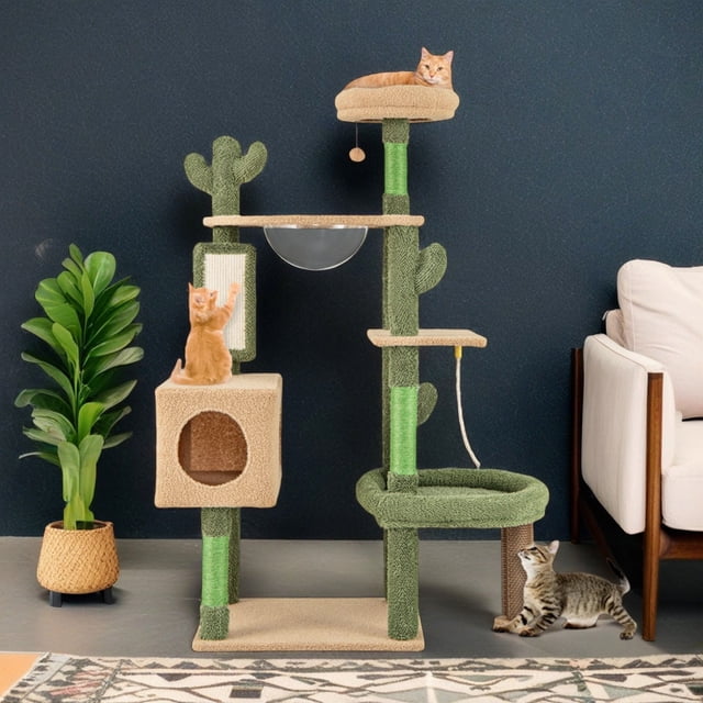 Pefilos 59" Cactus Cat Tree for Indoor Cats with Cat Condo, Multi-Level ...