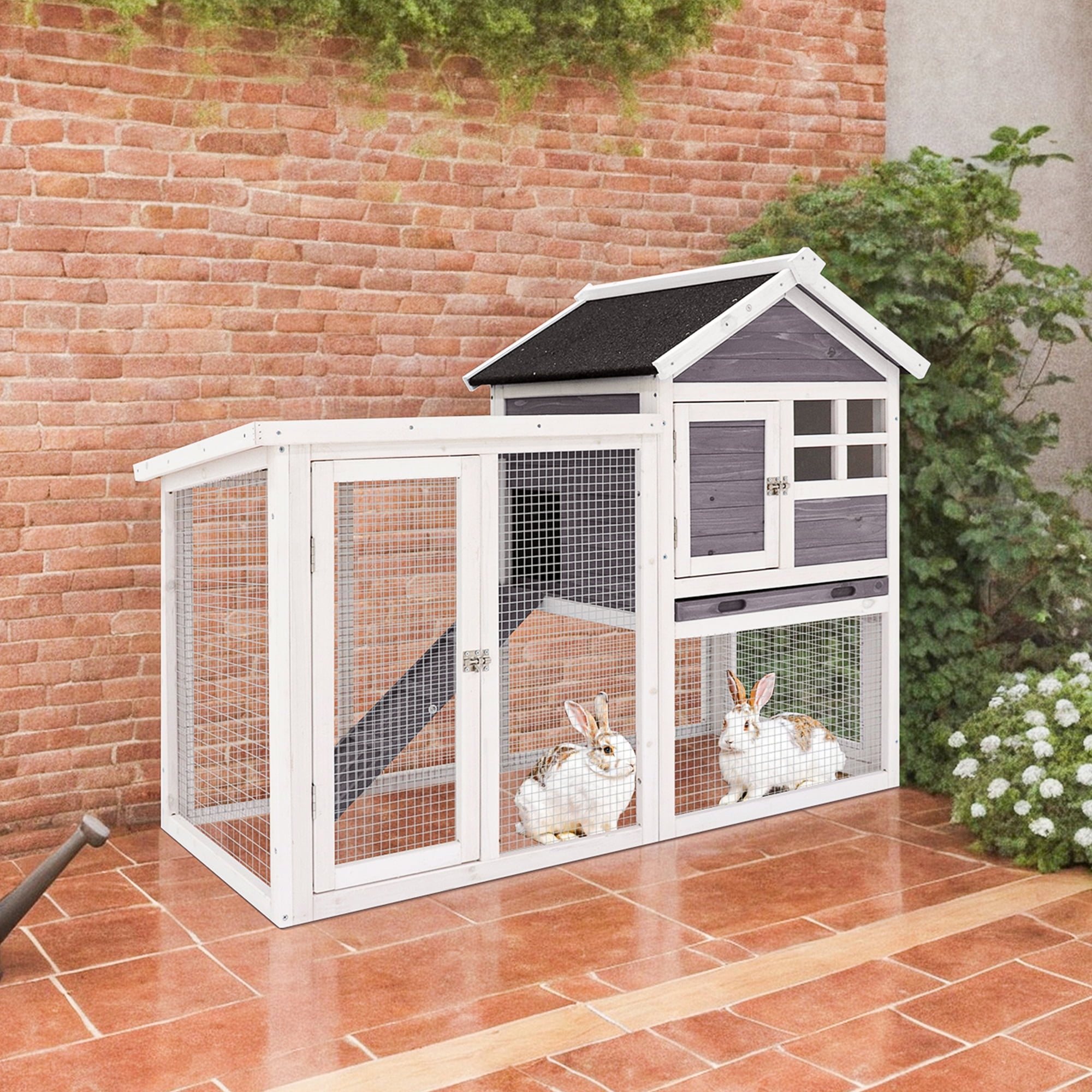 Pefilos 61" 2-Tier Rabbit Hutch Hen House for 2 Chicken Coop, Outdoor ...