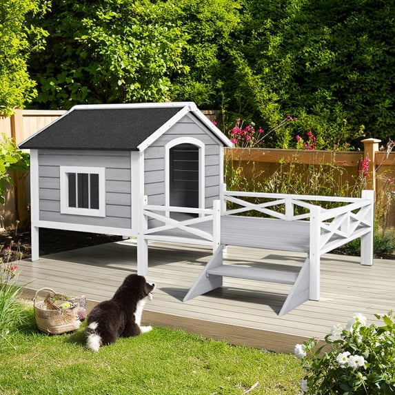 Pefilos 66" Outdoor Dog House, Large Wooden Dog Kennel with Porch ...