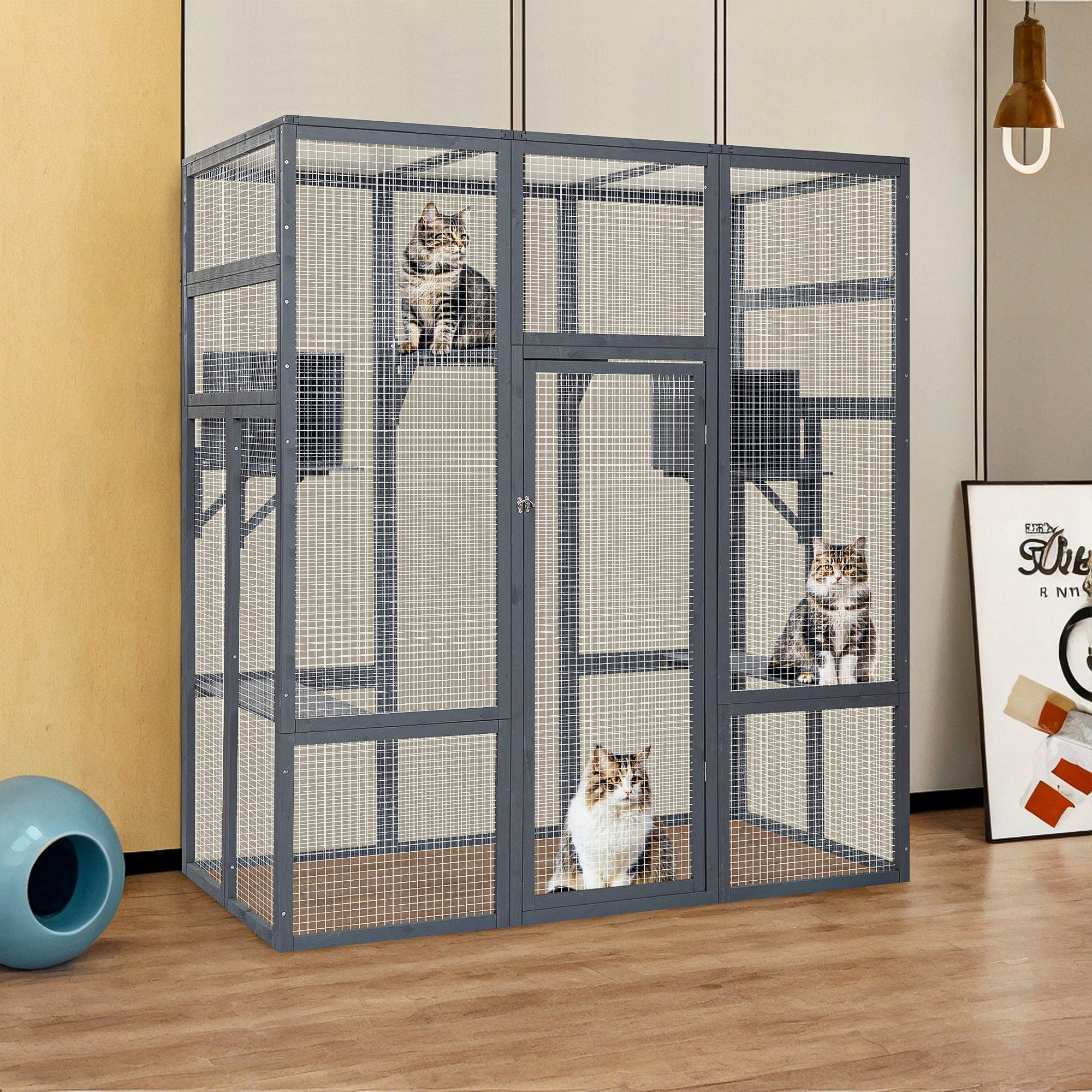 "Pefilos 70"" Wooden Outdoor Catio Cat House, Exterior Large Multi ...