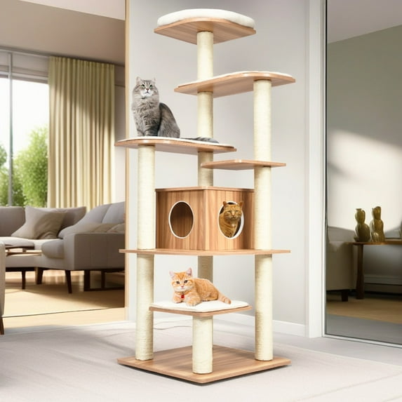 Pefilos 71" Modern Cat Tree Tower for Indoor Cats, Wood Cat Condo with Scratching Post and ...
