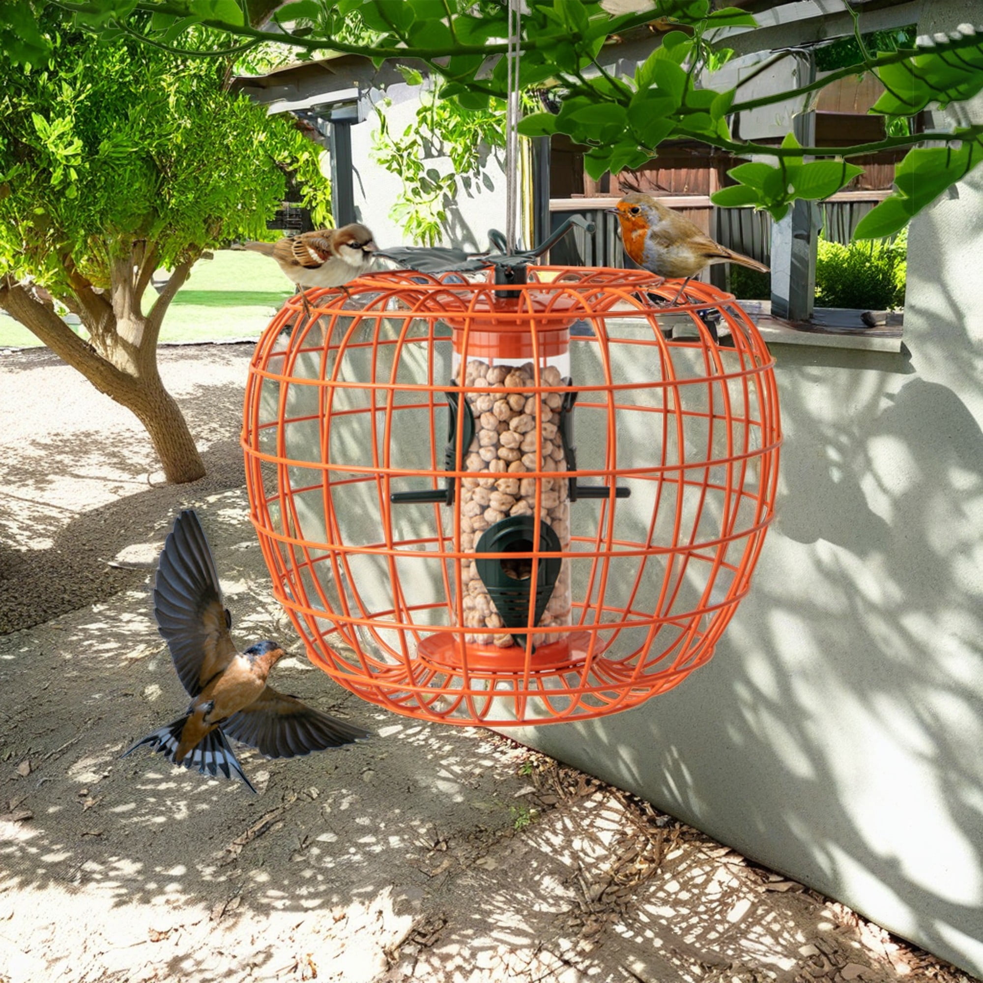 Pefilos 16" Metal Hanging Bird Feeder with Cage and 4 Metal Ports ...