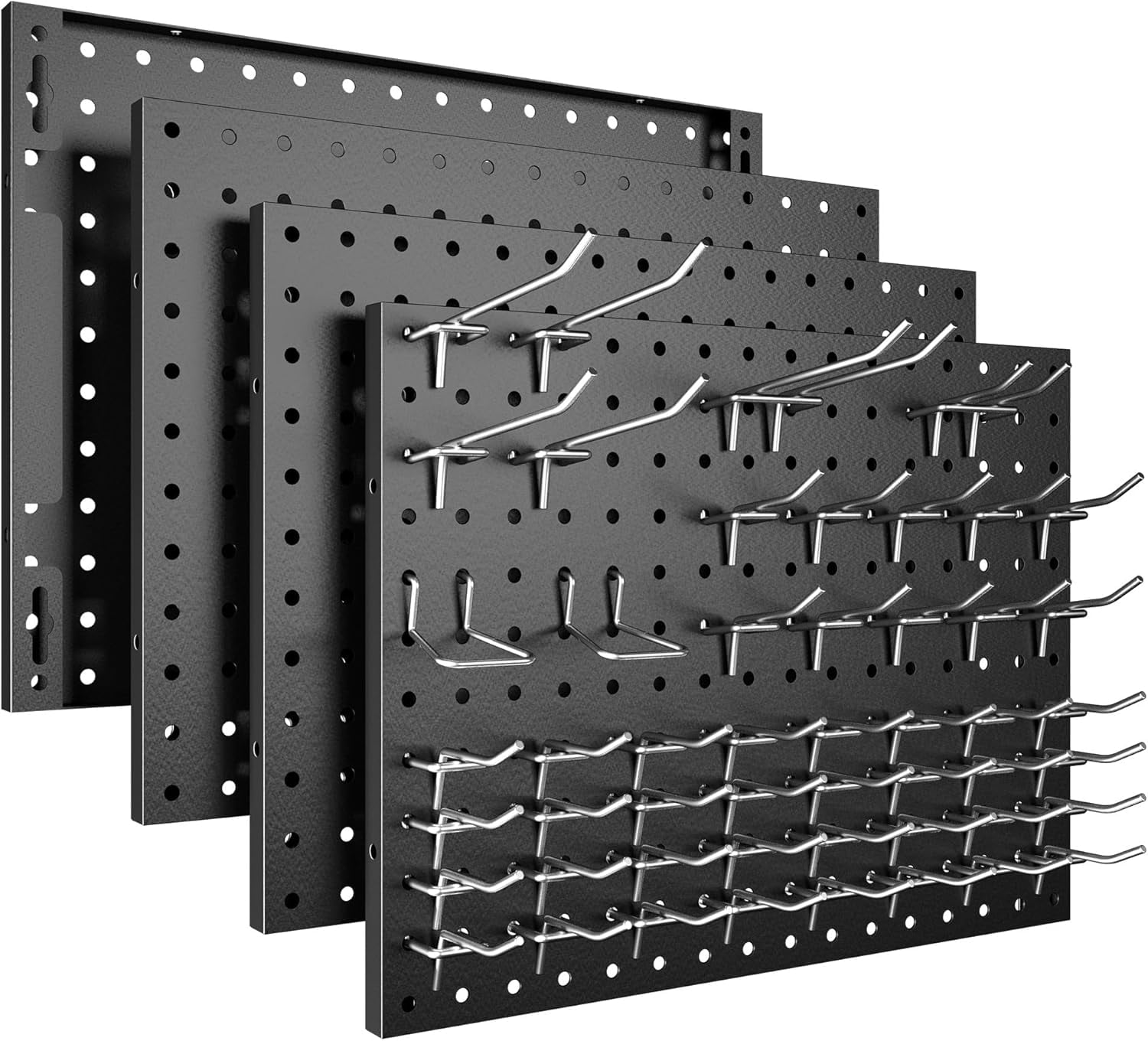 Peg Board, 4 Pack Metal Pegboard Panels with 50 Hooks, Black Pegboards ...