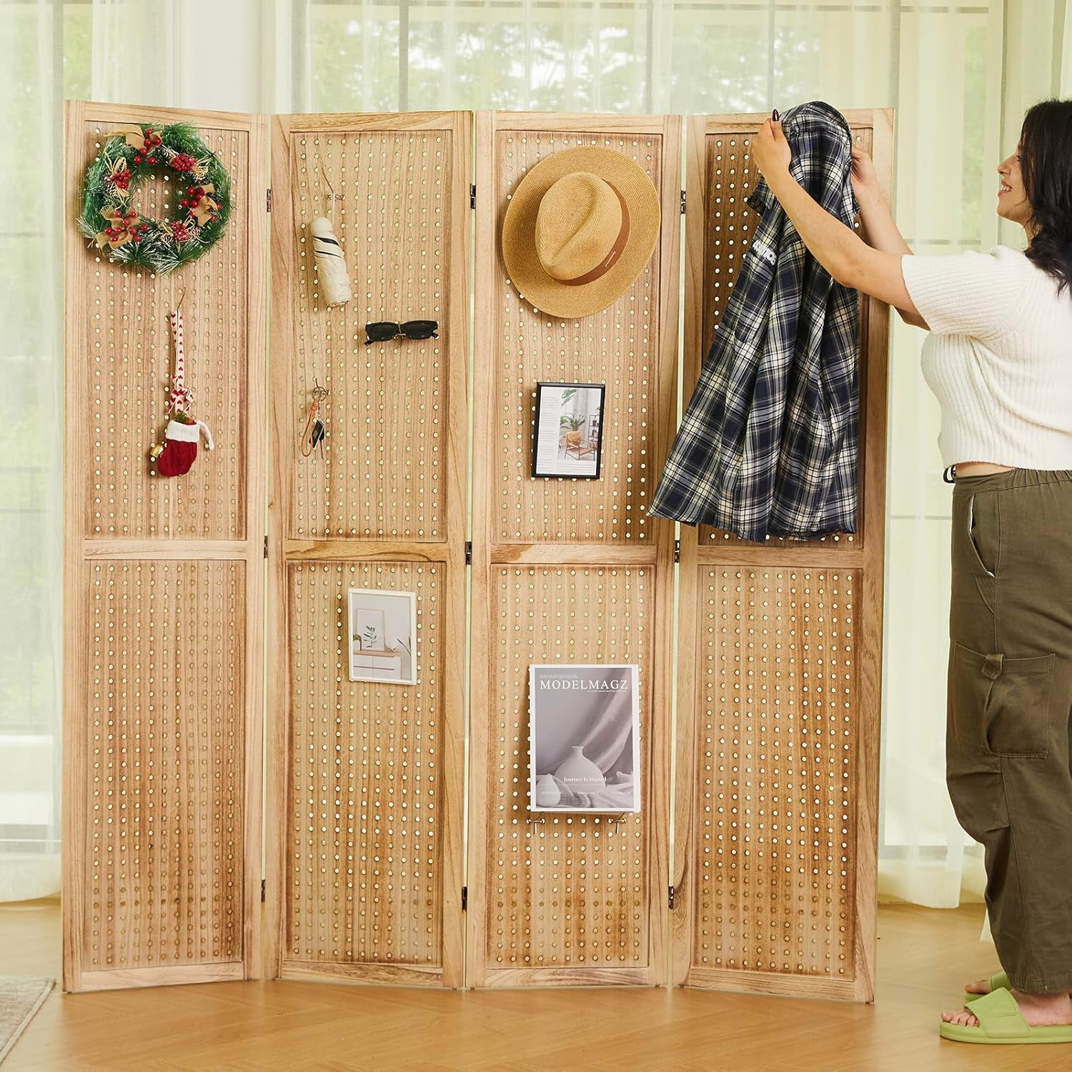 Peg Board Display Stand, 66.9inch Room Divider Freestanding Folding ...