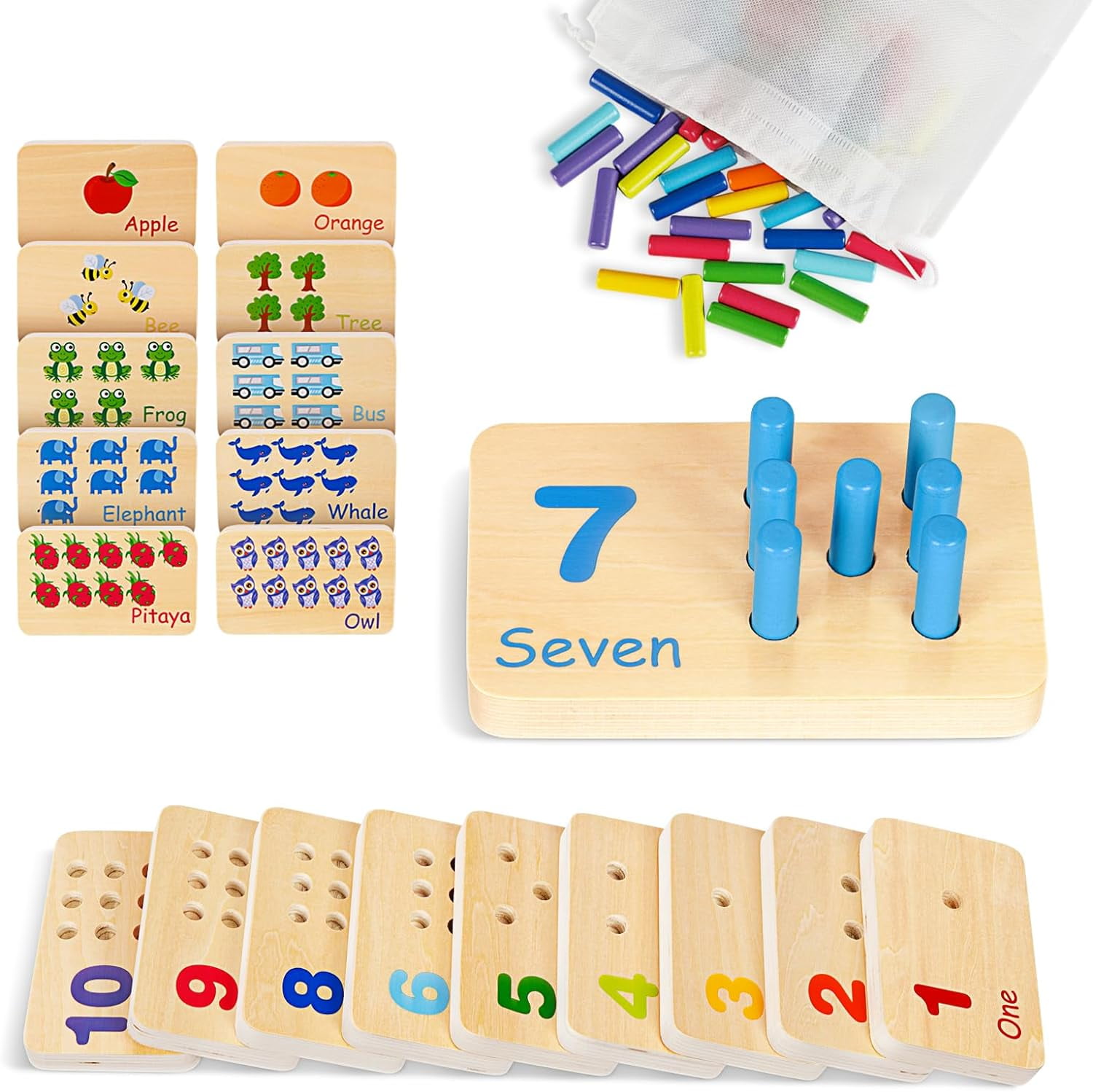 Peg Board Toddler Toys, Counting Wooden Toys with 55 Pegs, Wooden Math ...