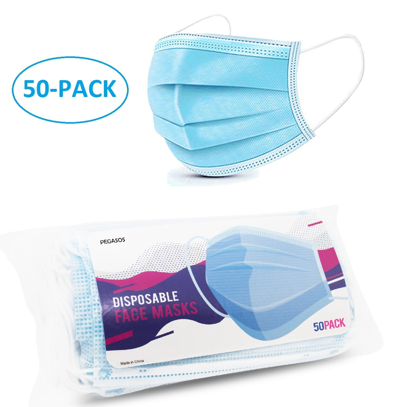 Pegasos 50 Disposable Breathable 3 Ply Ear Loop Face Masks, 50-Pack ...