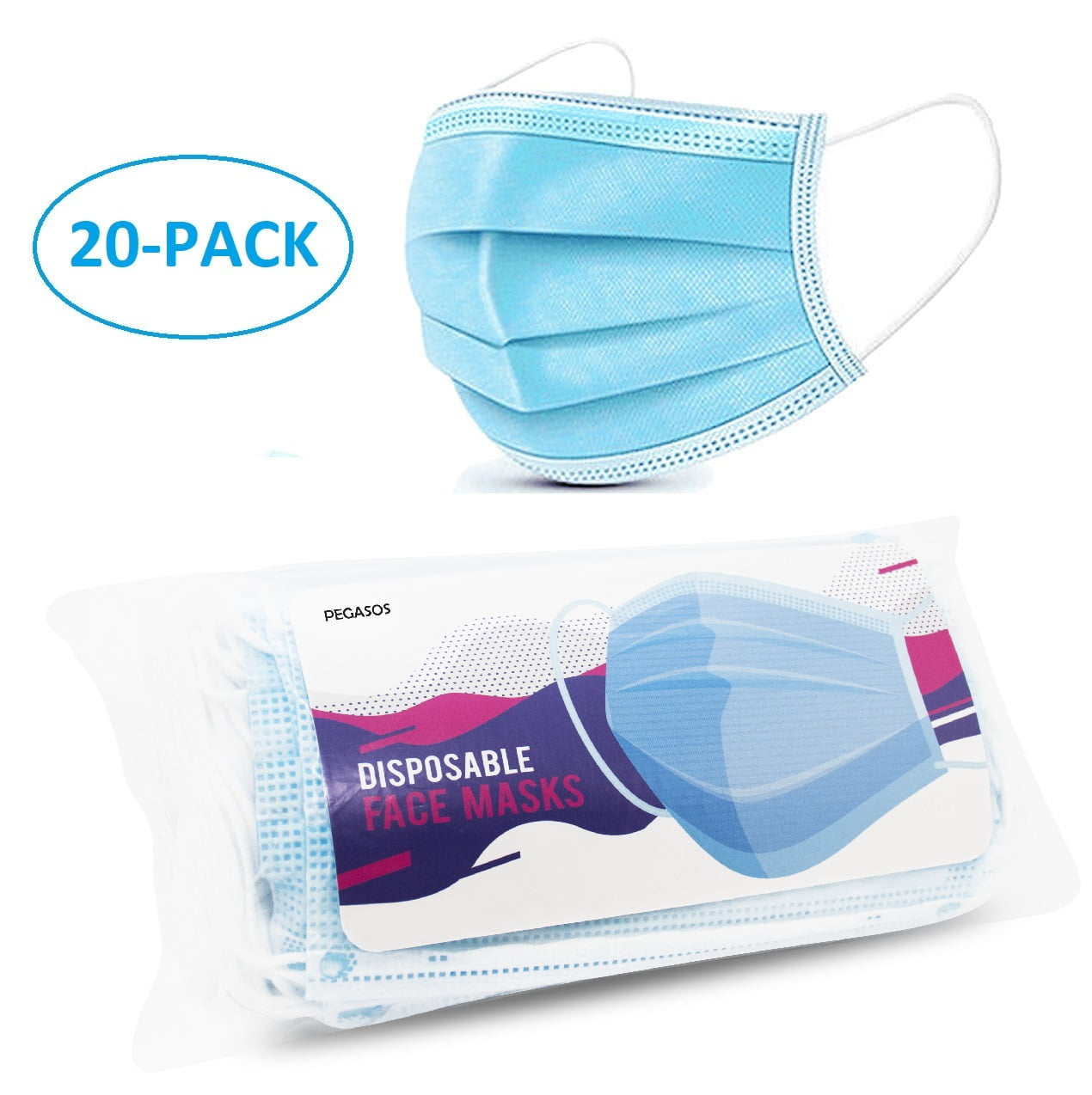 Pegasos Disposable Breathable 3 Ply Ear Loop Face Masks, 20-Pack ...