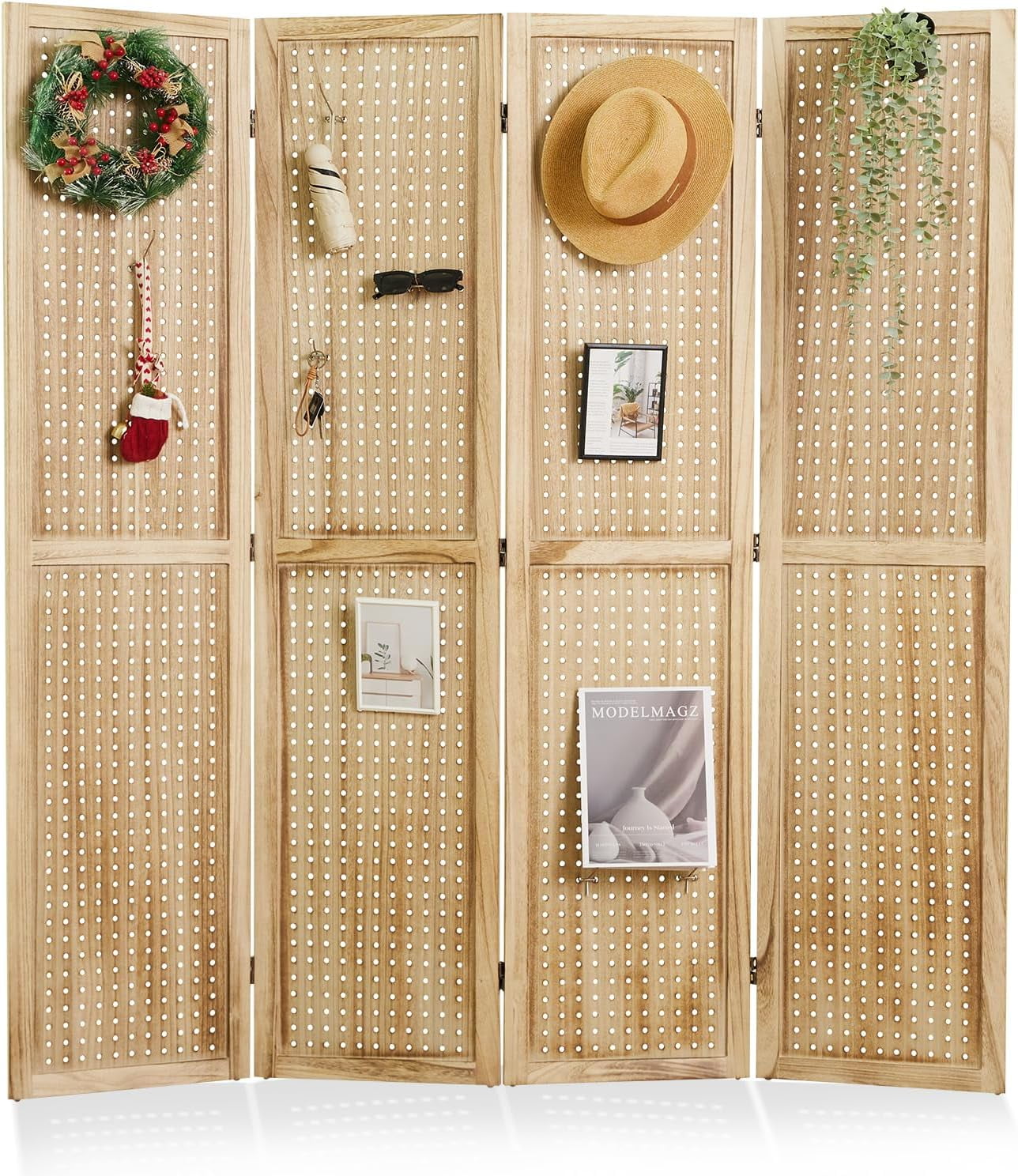 Pegboard Display, 5.6Ft Wooden Room Divider Folding Privacy Screens ...