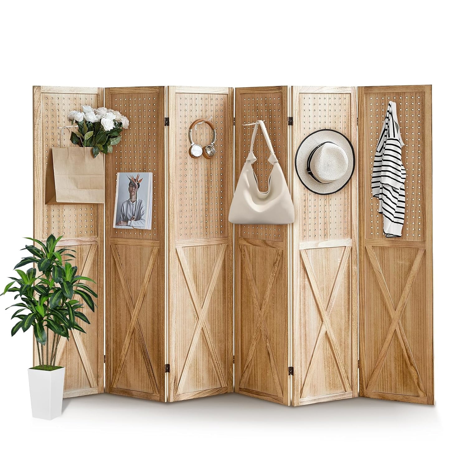 Pegboard Display Wood Room Divider 4 Panel, Folding Privacy Screen, Peg ...