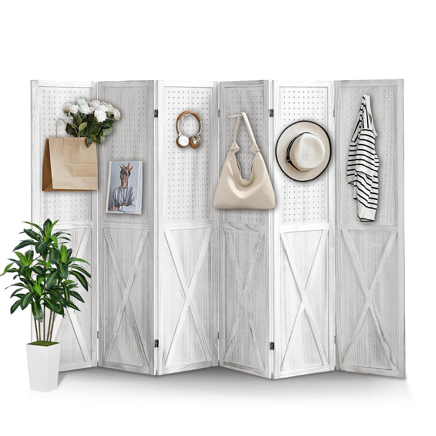 Pegboard Display Wood Room Divider 4 Panel, Folding Privacy Screen, Peg ...