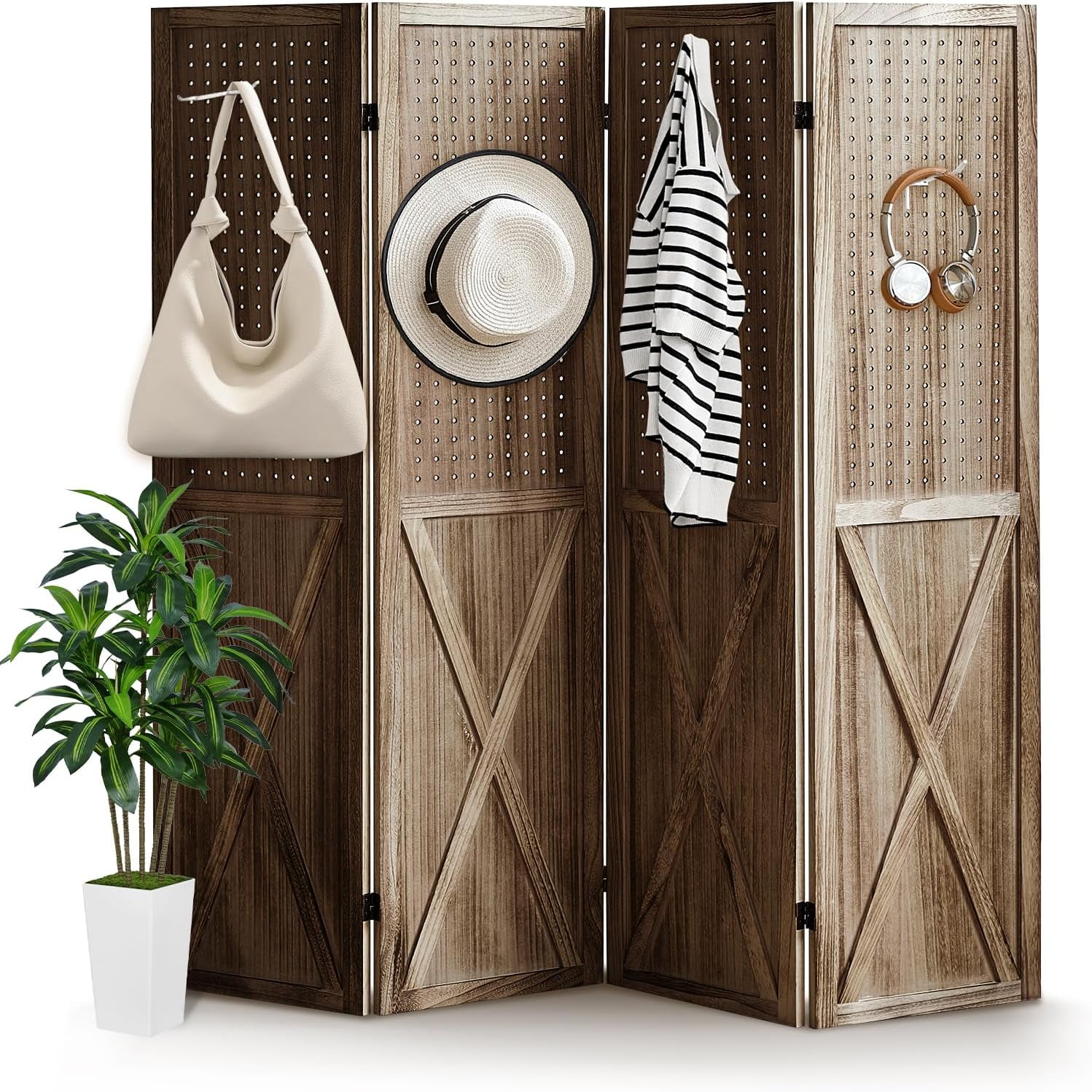 Pegboard Display Wood Room Divider 4 Panel, Folding Privacy Screen, Peg ...