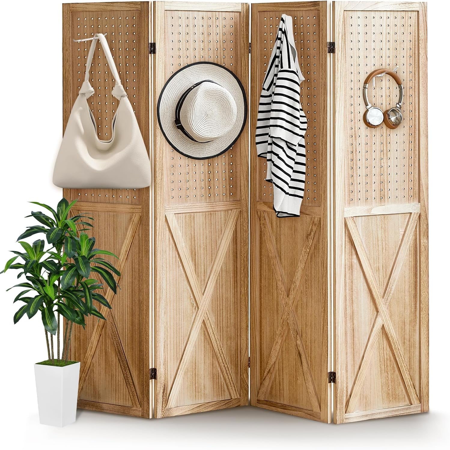 Pegboard Display Wood Room Divider 4 Panel, Folding Privacy Screen, Peg ...