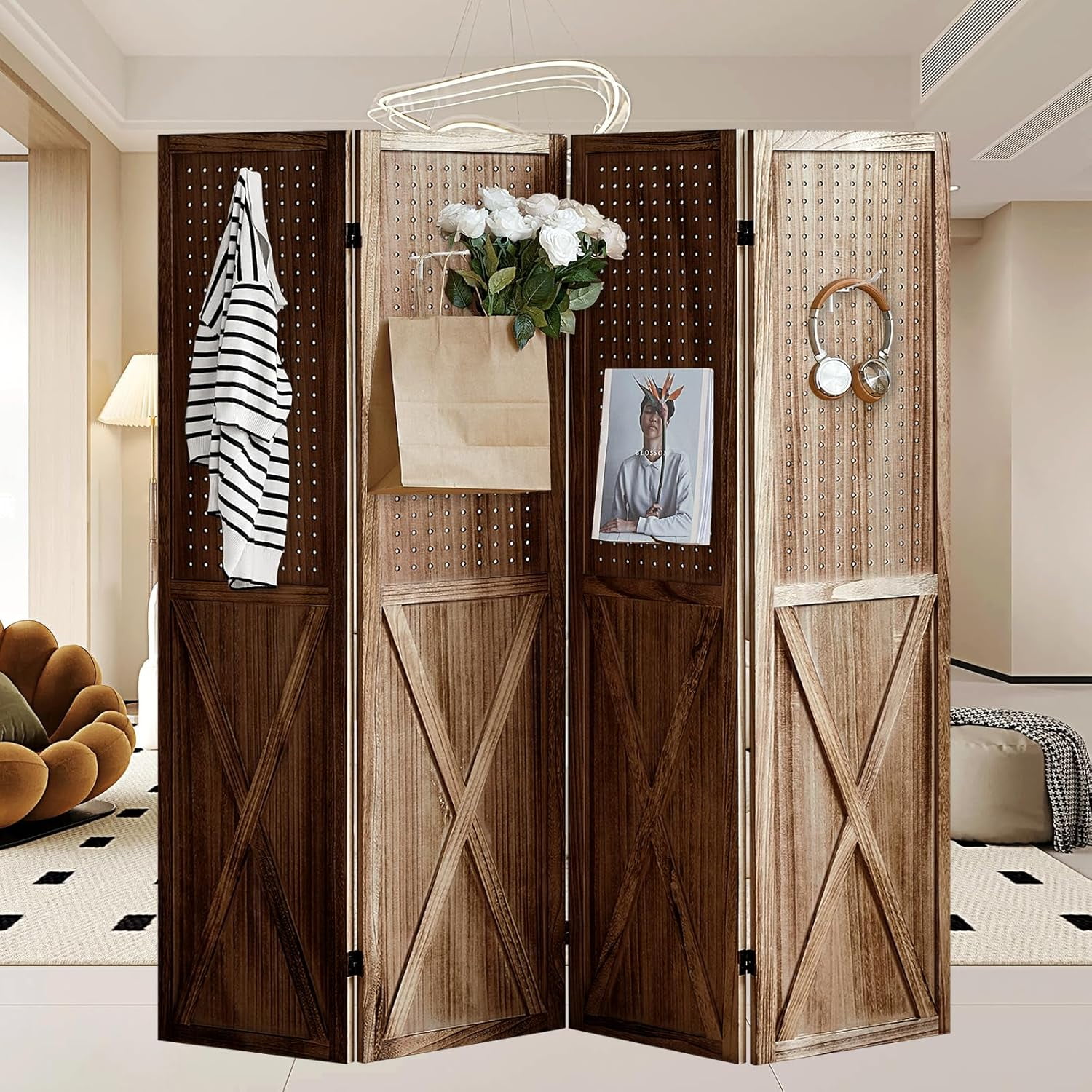 Pegboard Room Divider, 4 Panel Pegboard Display Wooden Room Divider ...