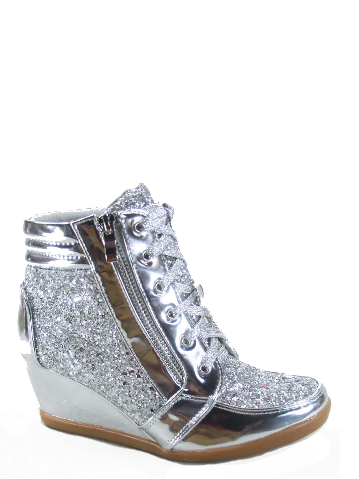 Peggy-44 Women's Glitter Metallic Lace Up Low Top Low Wedge Fashion ...