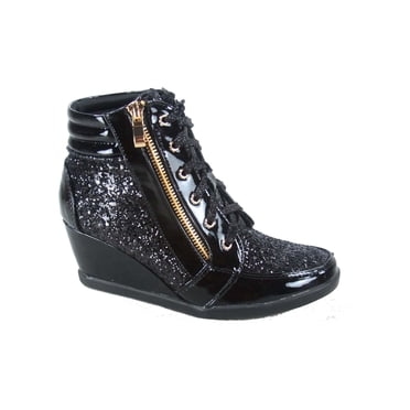 Peggy-44 Women's Glitter Metallic Lace Up Low Top Low Wedge Fashion ...