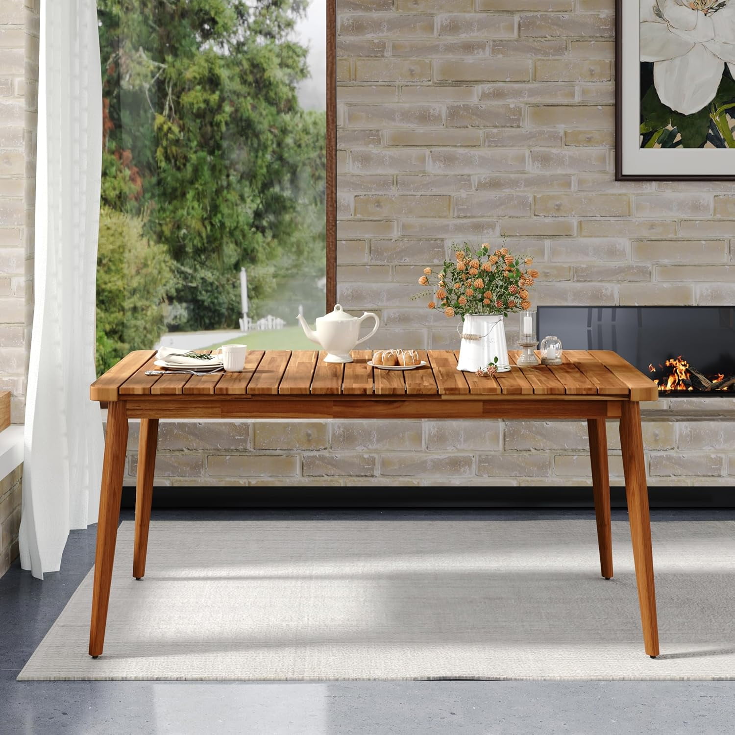 Peggy 63" Farmhouse Patio Acacia Wood Dining Table, Indoor and Outdoor ...