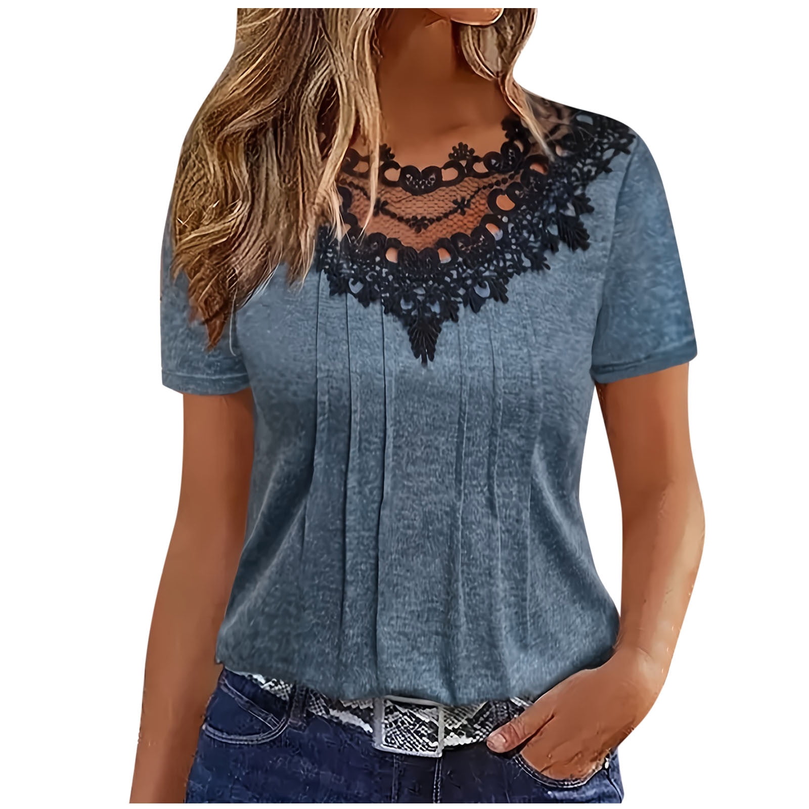 PeiLuo Women's Summer Lace Tops - Elegant Short Sleeve Loose Fit ...