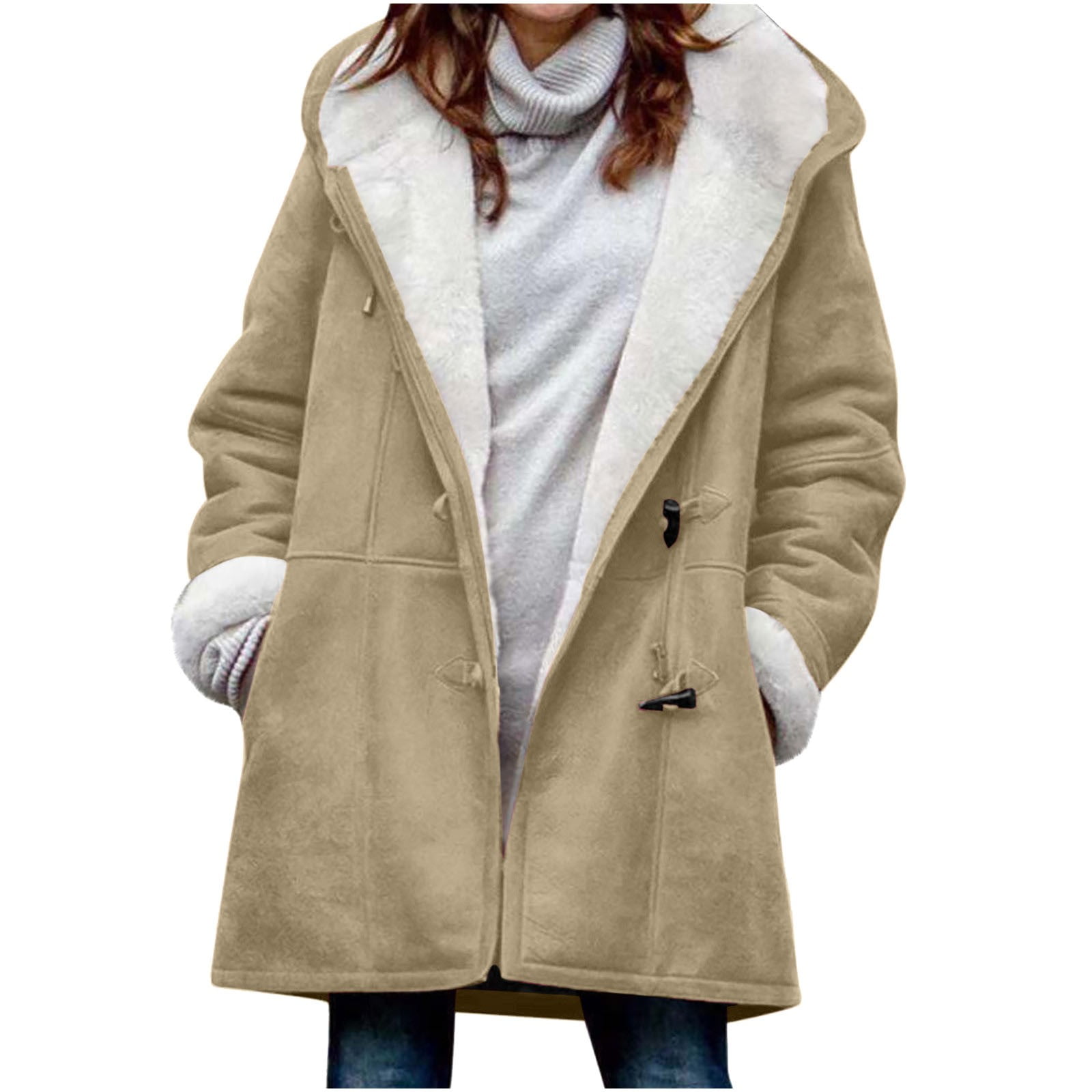 Pejock Jackets for Women Winter Warm Sherpa Lined Coats Plus Size Hooded Parka Faux Suede Long ...