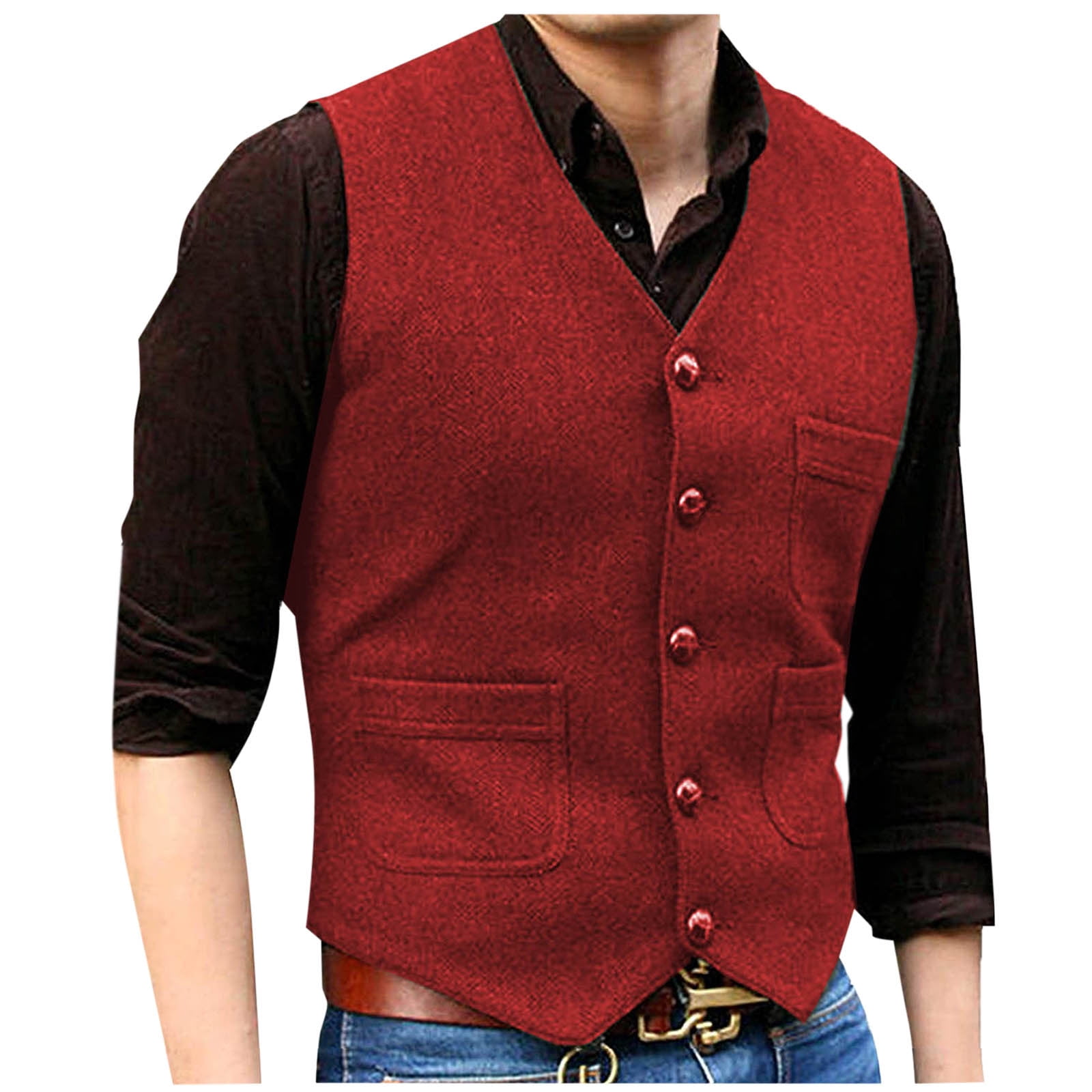 Pejock Men's Vintage Casual Vest with Belt Detail, Chest Pocket, Five ...