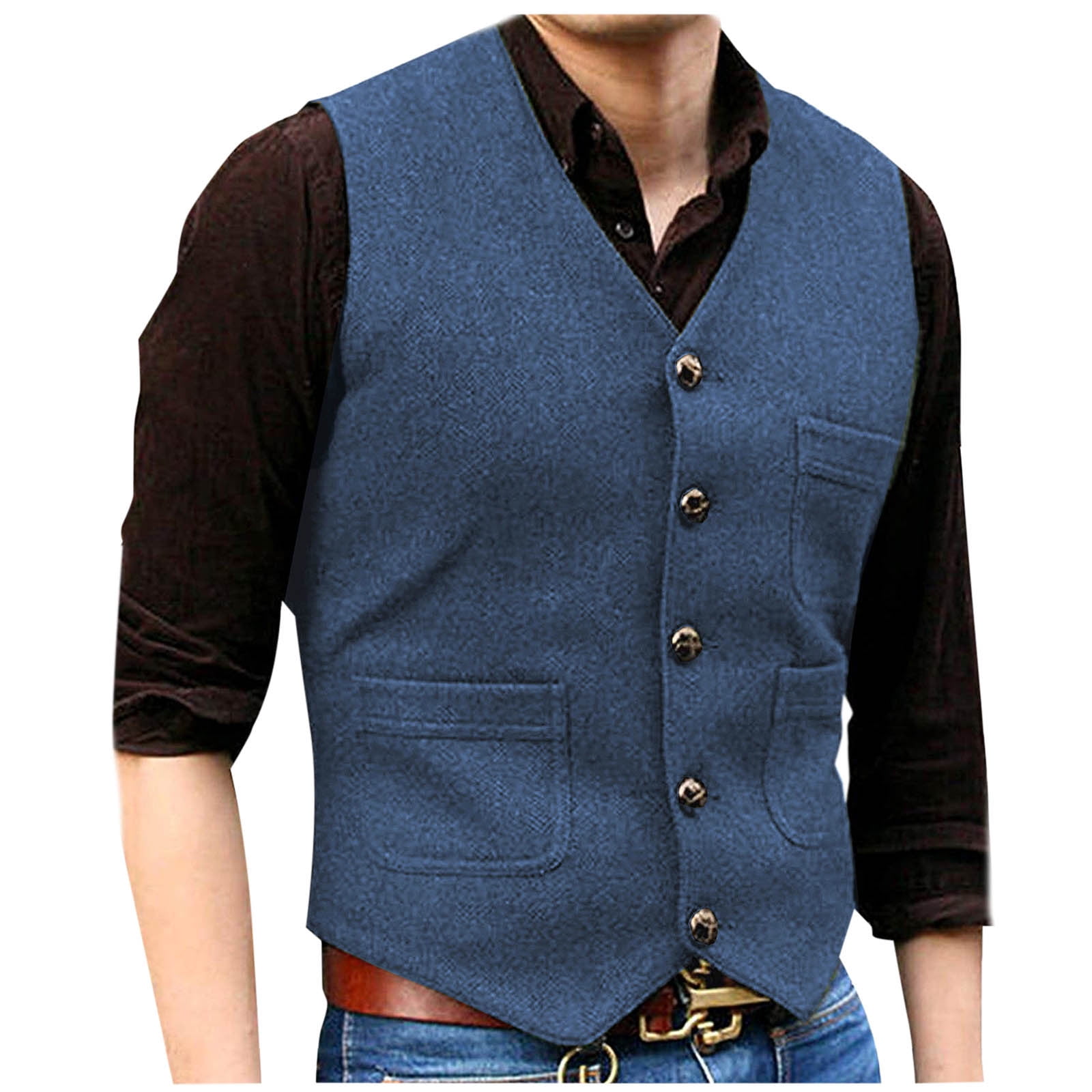 Pejock Men's Vintage Casual Vest with Belt Detail, Chest Pocket, Five ...