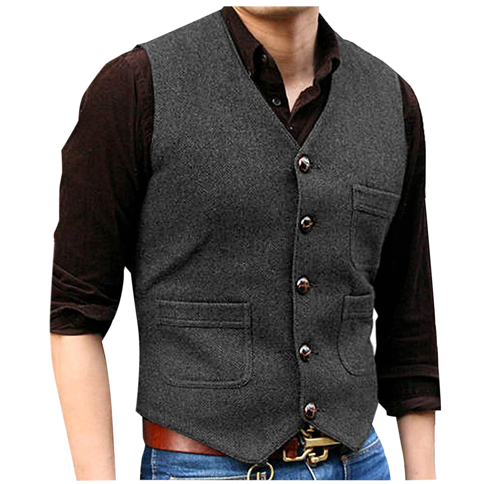 Pejock Men's Vintage Casual Vest with Belt Detail, Chest Pocket, Five ...