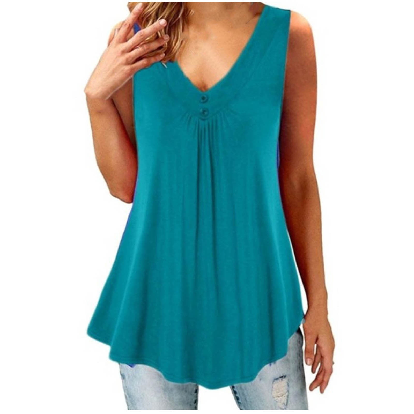 Pejock Summer Tank Tops For Women Loose Fit Pleated V Neck Sleeveless Tops Curved Hem Flowy