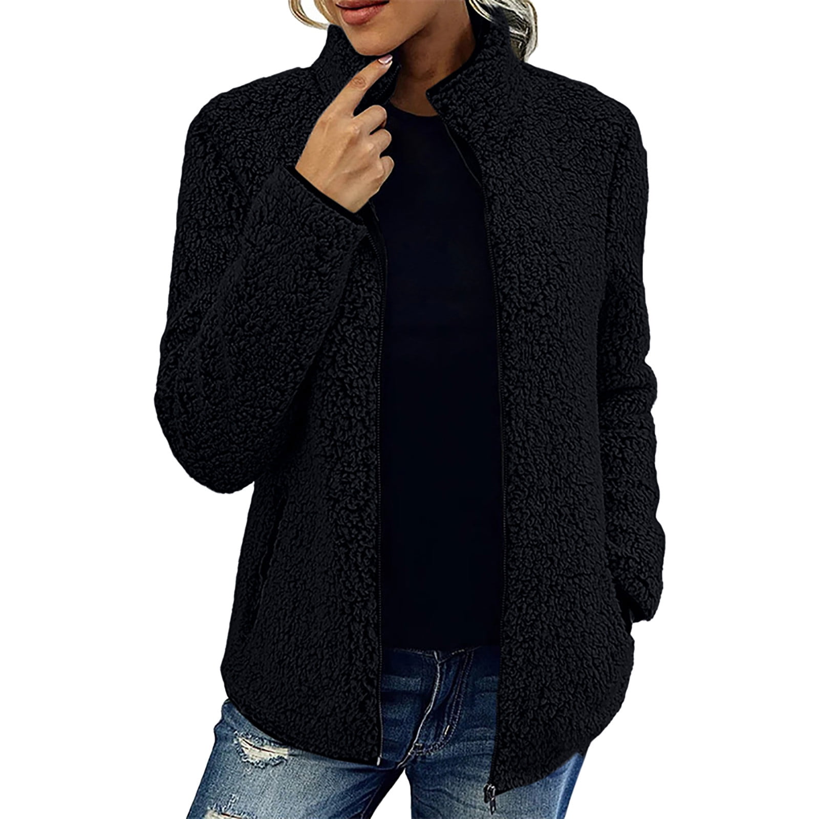 Pejock Women's 2023 Fashion Winter Coat Long Sleeve Lapel Zip Up Faux Shearling Shaggy Oversized ...