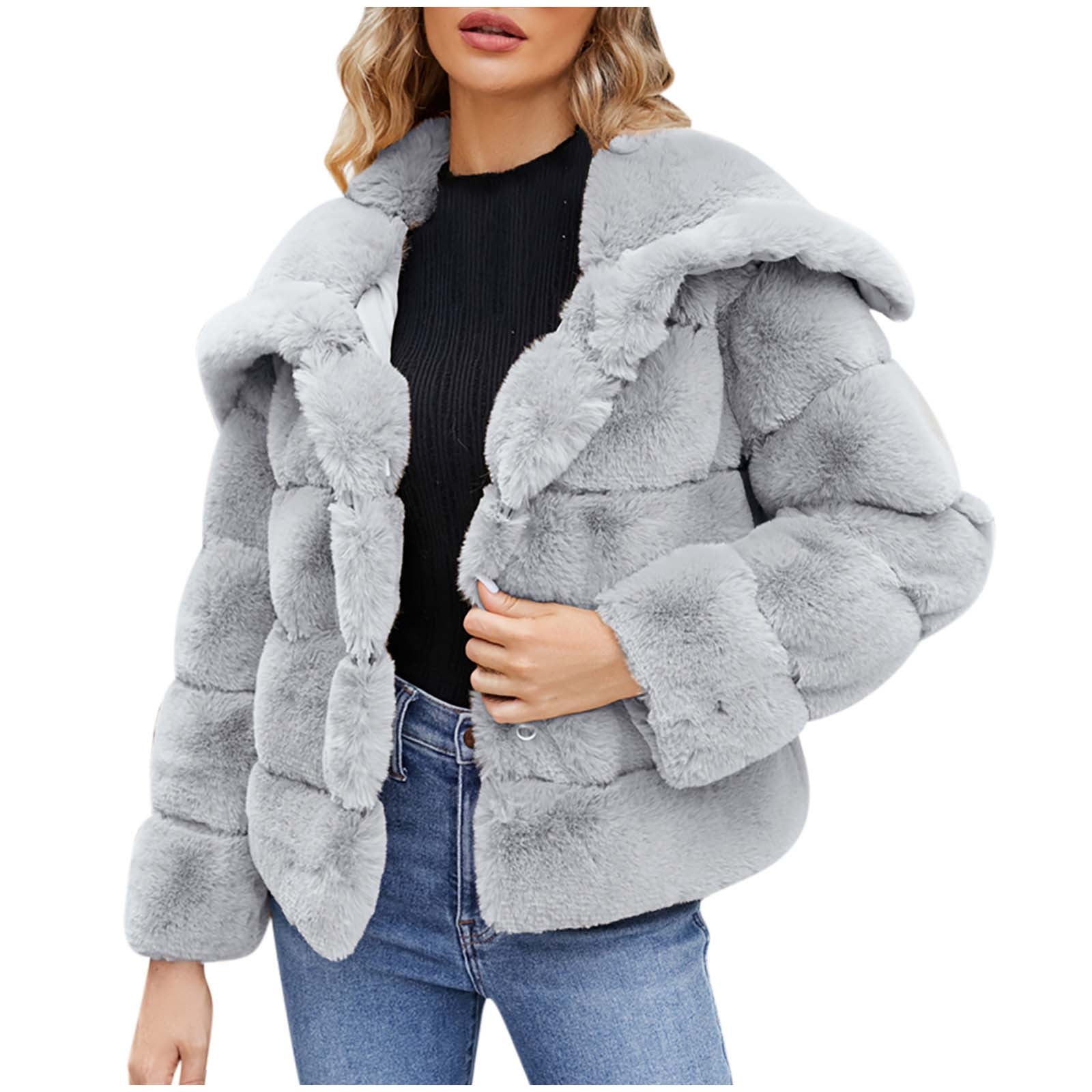 Pejock Womens Fluffy Faux Fur Coat Cropped Jacket Puffer Jacket Winter ...