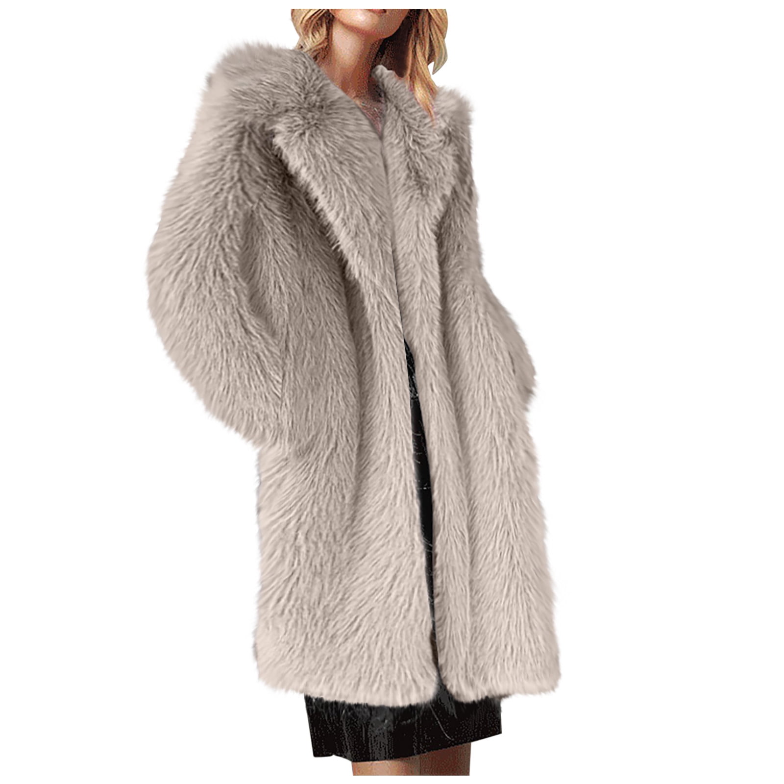 Pejock Womens Winter Warm Lapel Faux Furry Fuzzy Coat Jacket Overcoat ...