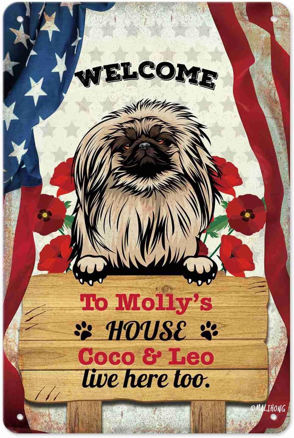 Pekingese Dog Sign American Flag Sunflower Welcome Metal Sign Dog ...