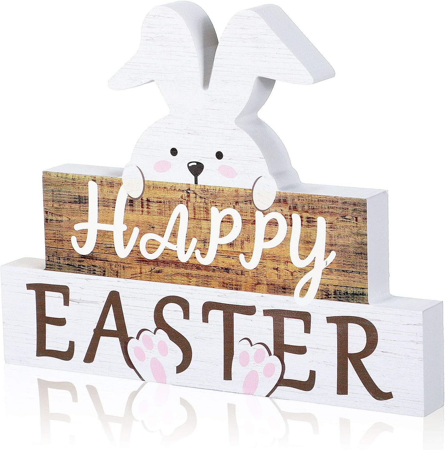Pekkaxy Happy Easter Bunny Table Sign Easter Wooden Block Table Sayings ...