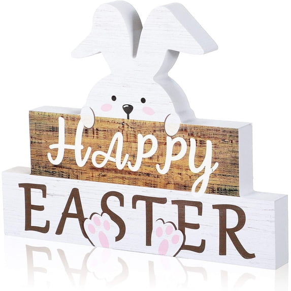 Pekkaxy Happy Easter Bunny Table Sign Easter Wooden Block Table Sayings ...