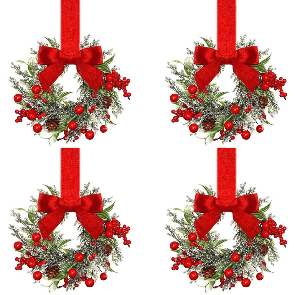 Pekkaxy Small Christmas Wreath with Berry & Red Velvet Bow Ribbon and ...