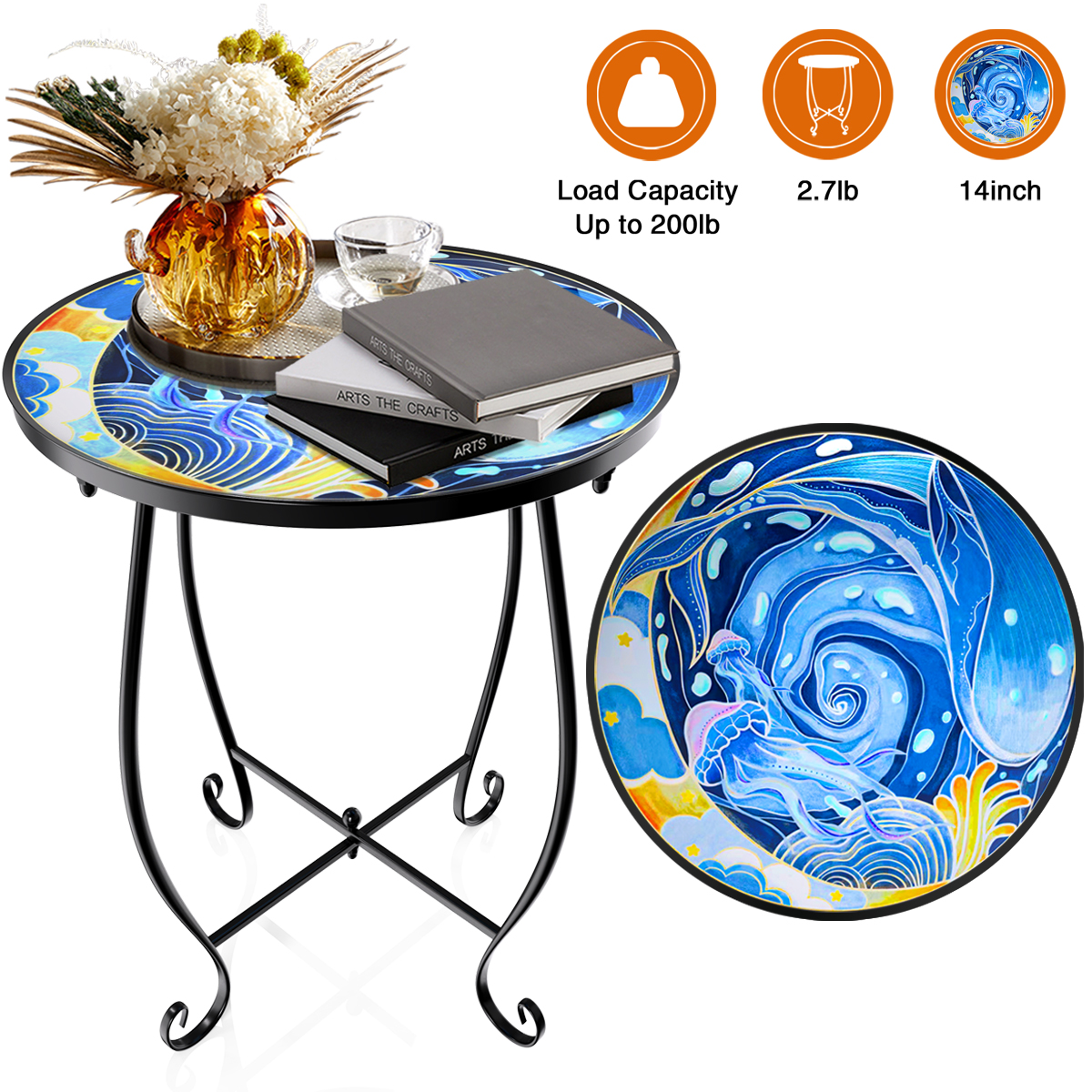 Green Mosaic Patio Side Table, 21" H, 14" Dia Ceramic, Indoor-Outdoor ...