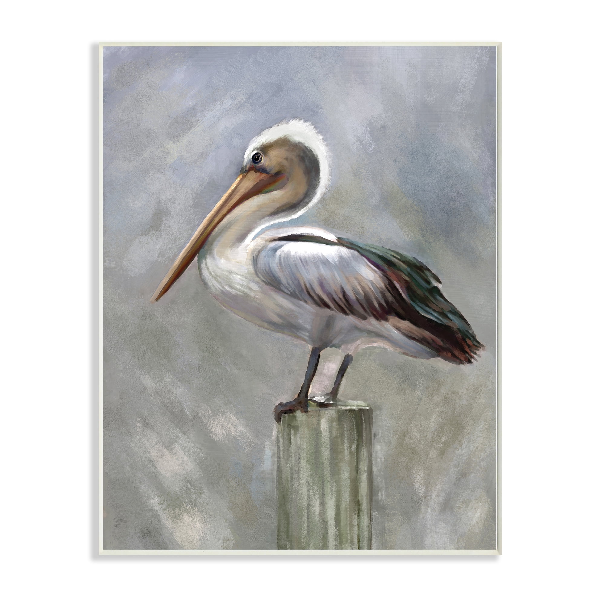Stupell Industries Pelican Resting on Wooden Pillar Soft Grey,13 x 19 ...