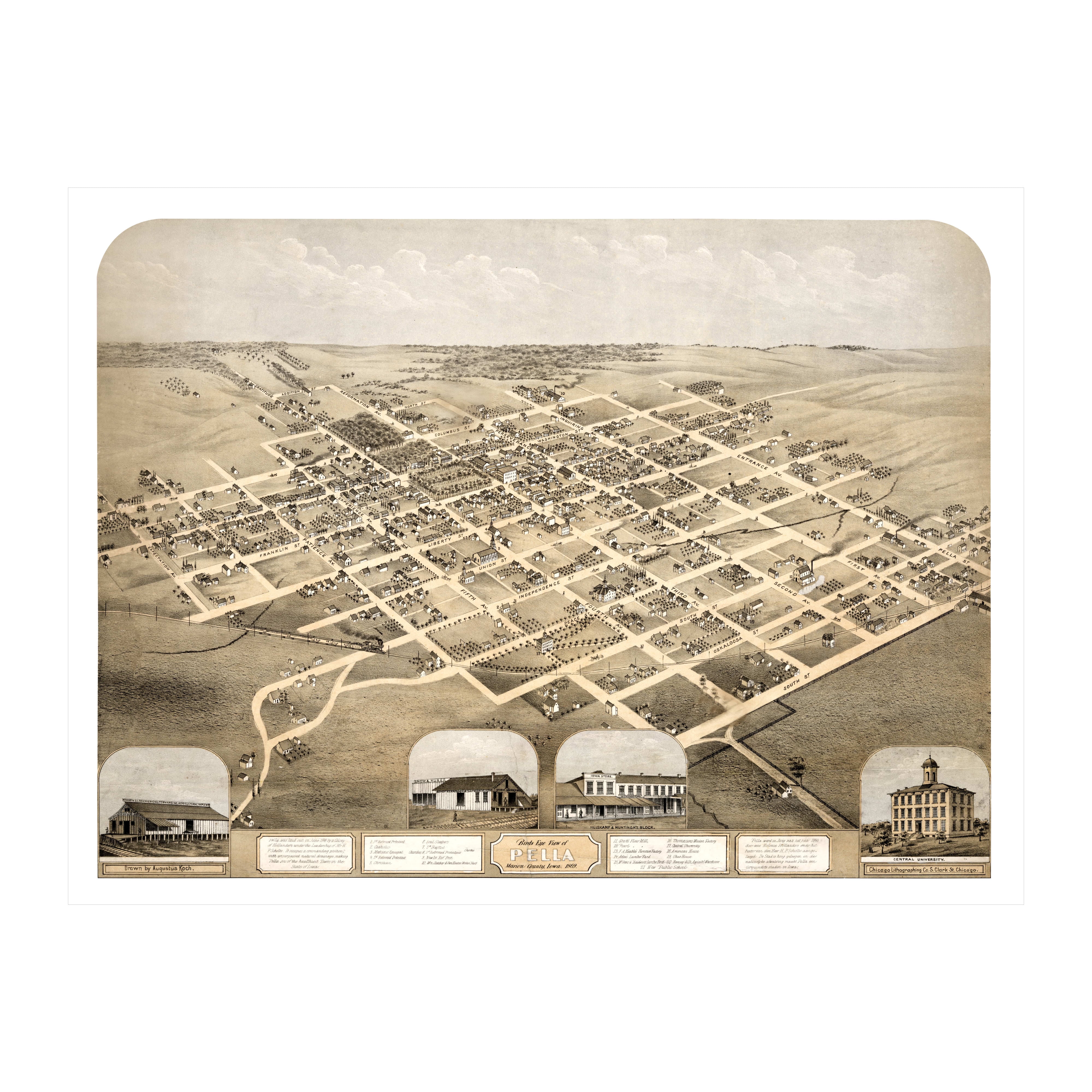 Pella Art, 1869 Vintage Map of Pella Iowa, IA History Wall Decor Gift ...