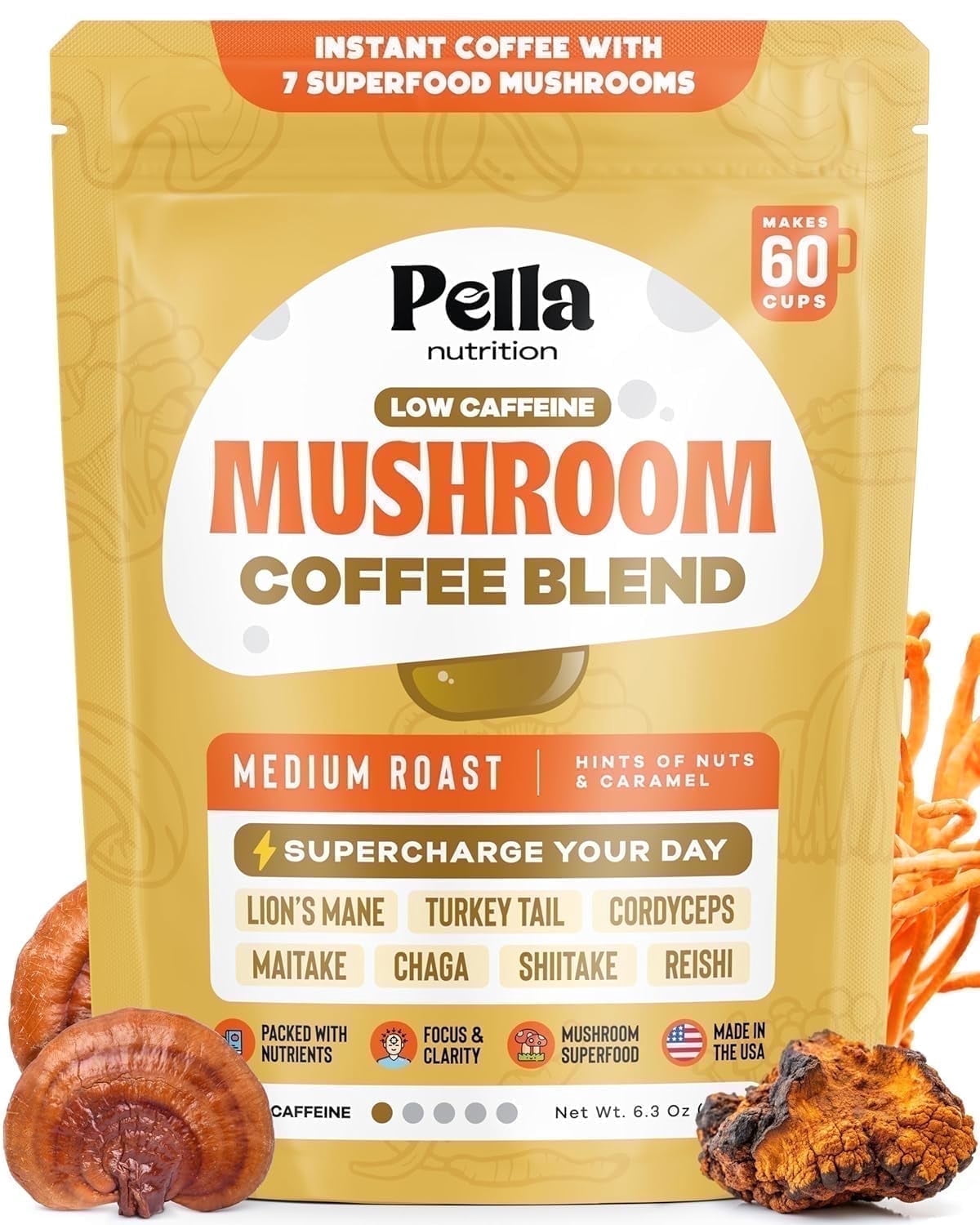 Pella Nutrition Mushroom Instant Coffee, Lion's Mane Blend, Low ...