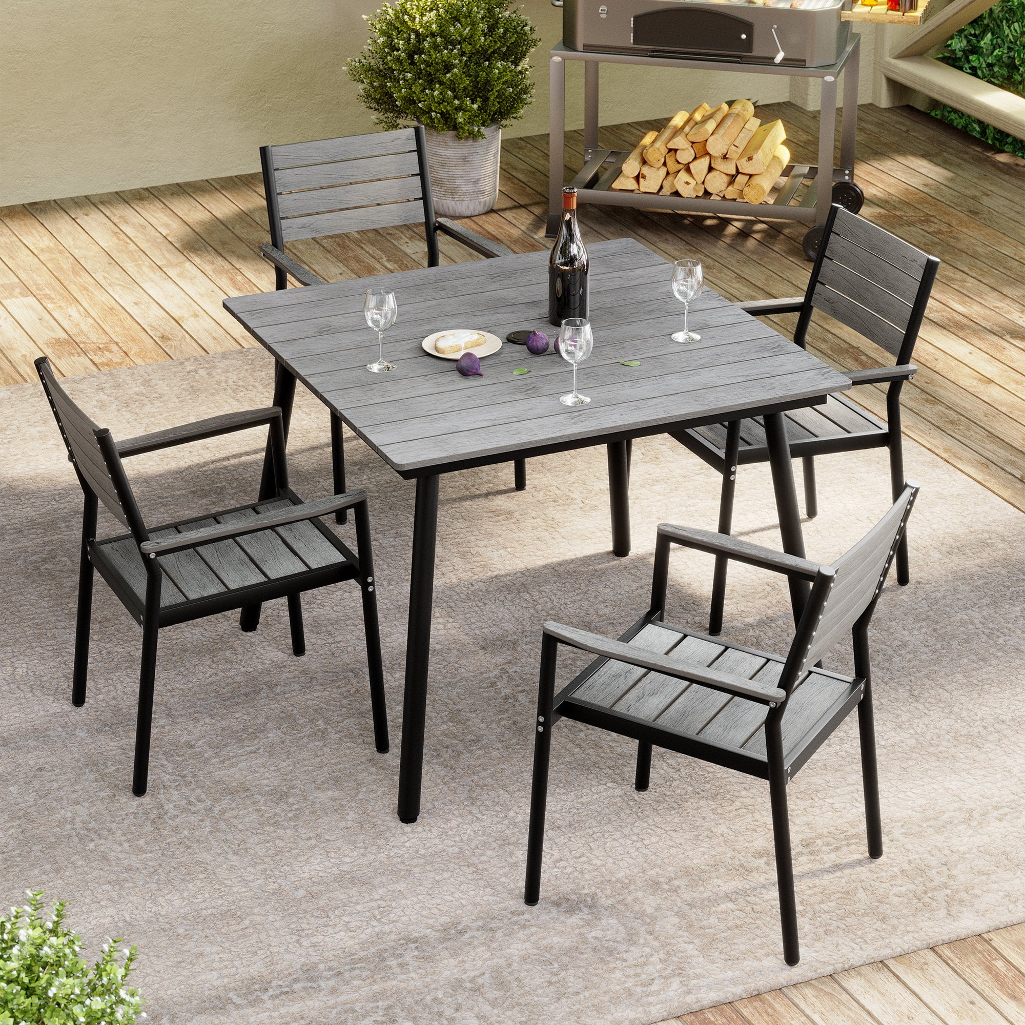 Pellebant 5-Piece Patio Set, 4 Armchairs, Table with Umbrella Hole ...