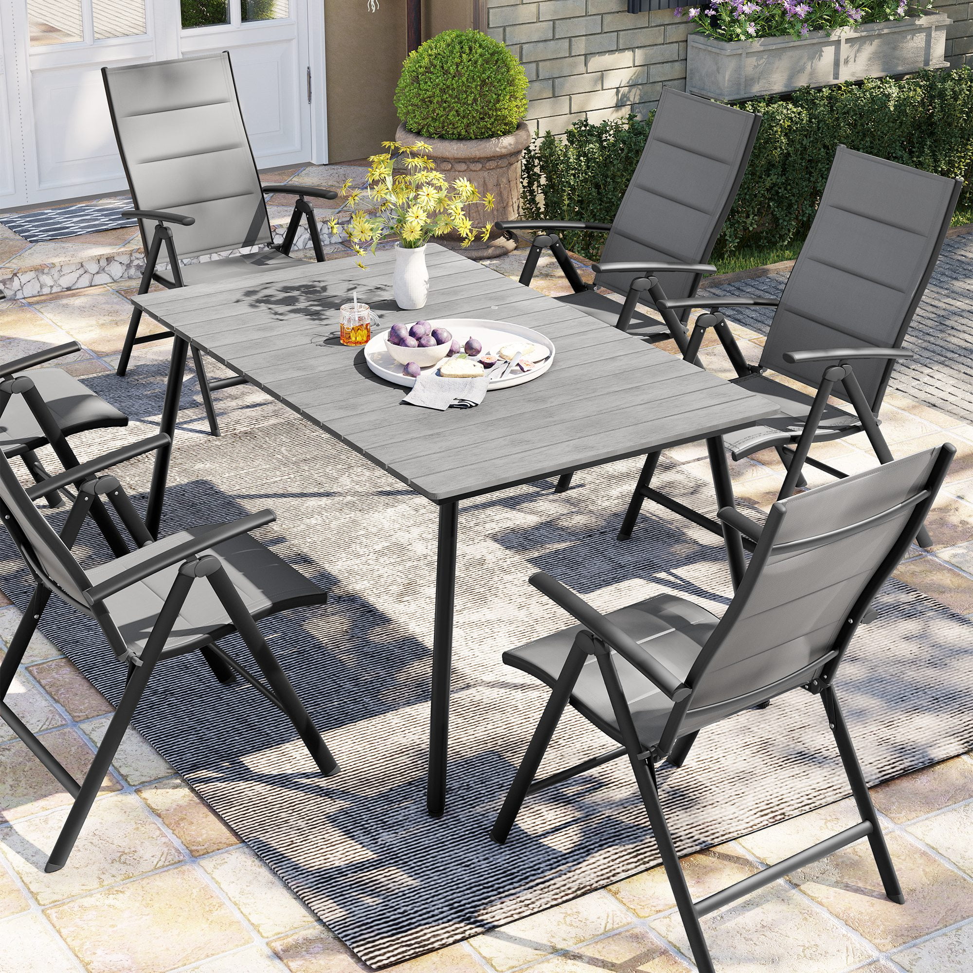 Pellebant 7 Pcs Gray Patio Set 6 Arm Chairs 1 Table with Umbrella Hole ...