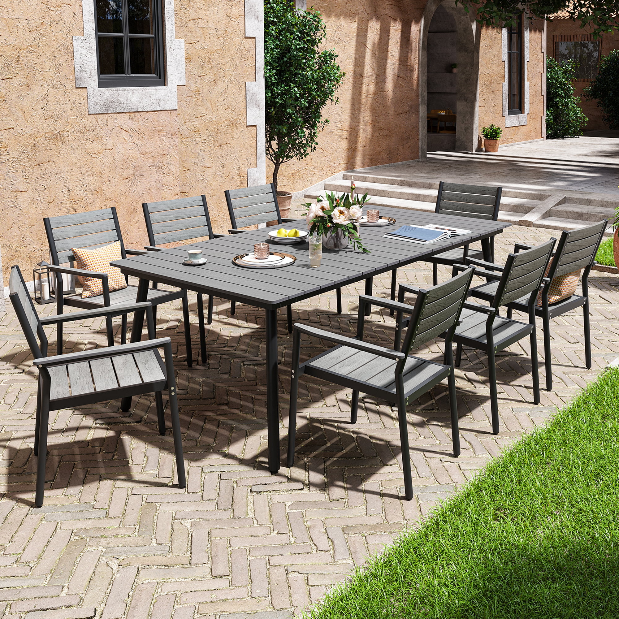 Pellebant 9 Pcs Gray Patio Set 8 Arm Chairs 1 Table with Umbrella Hole ...