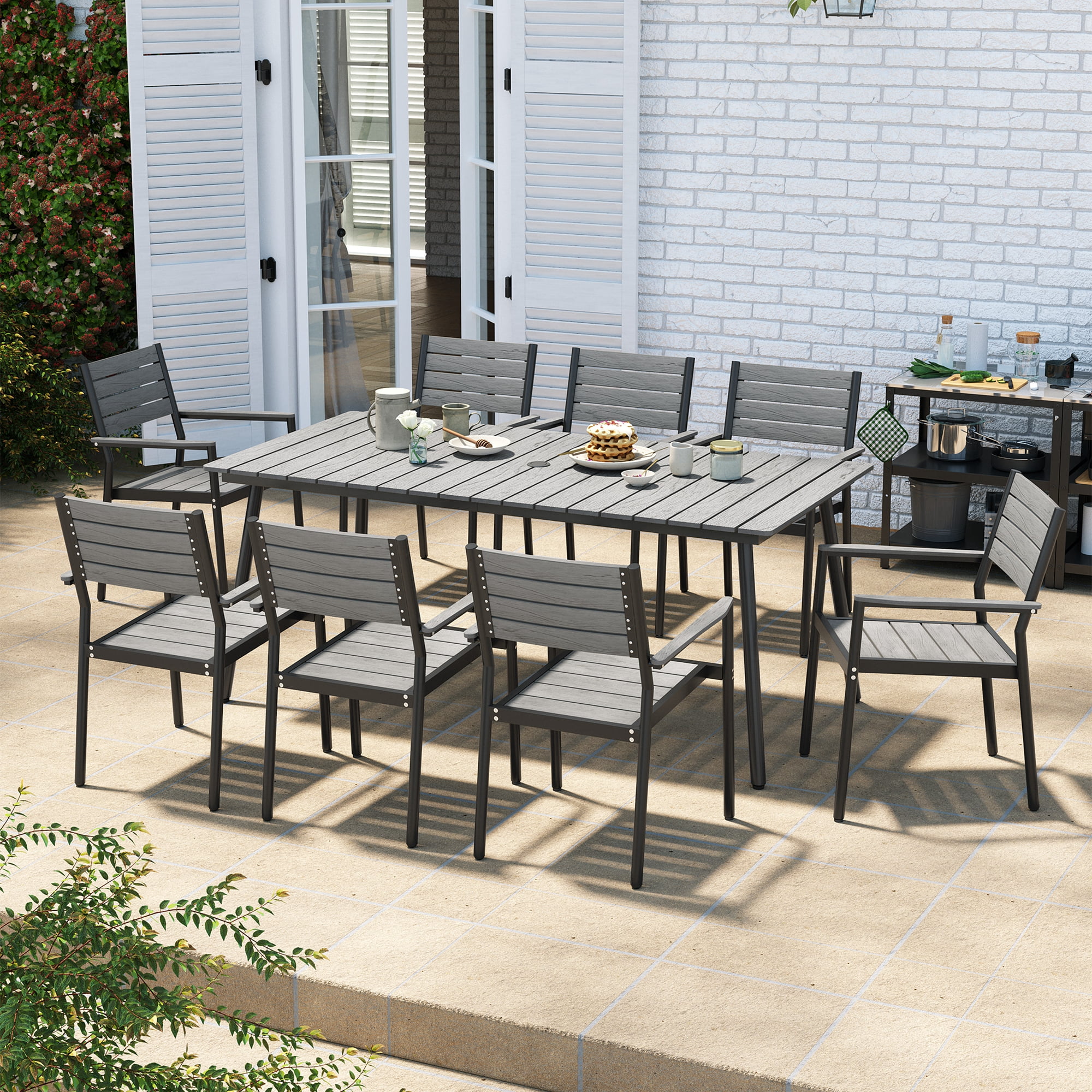 Pellebant 9 Pcs Gray Patio Set 8 Arm Chairs 1 Table with Umbrella Hole ...