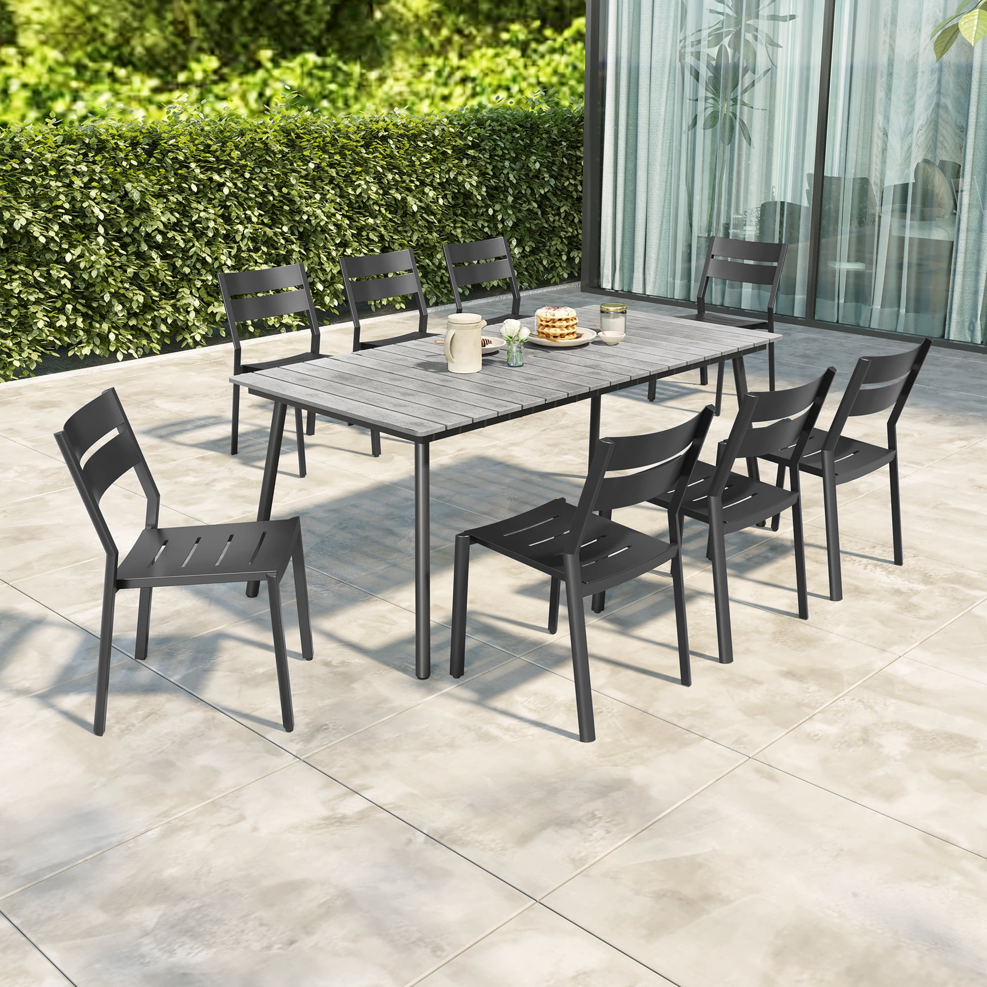 Pellebant 9 Pcs Gray Patio Set 8 Armless Chairs 1 Table with Umbrella ...