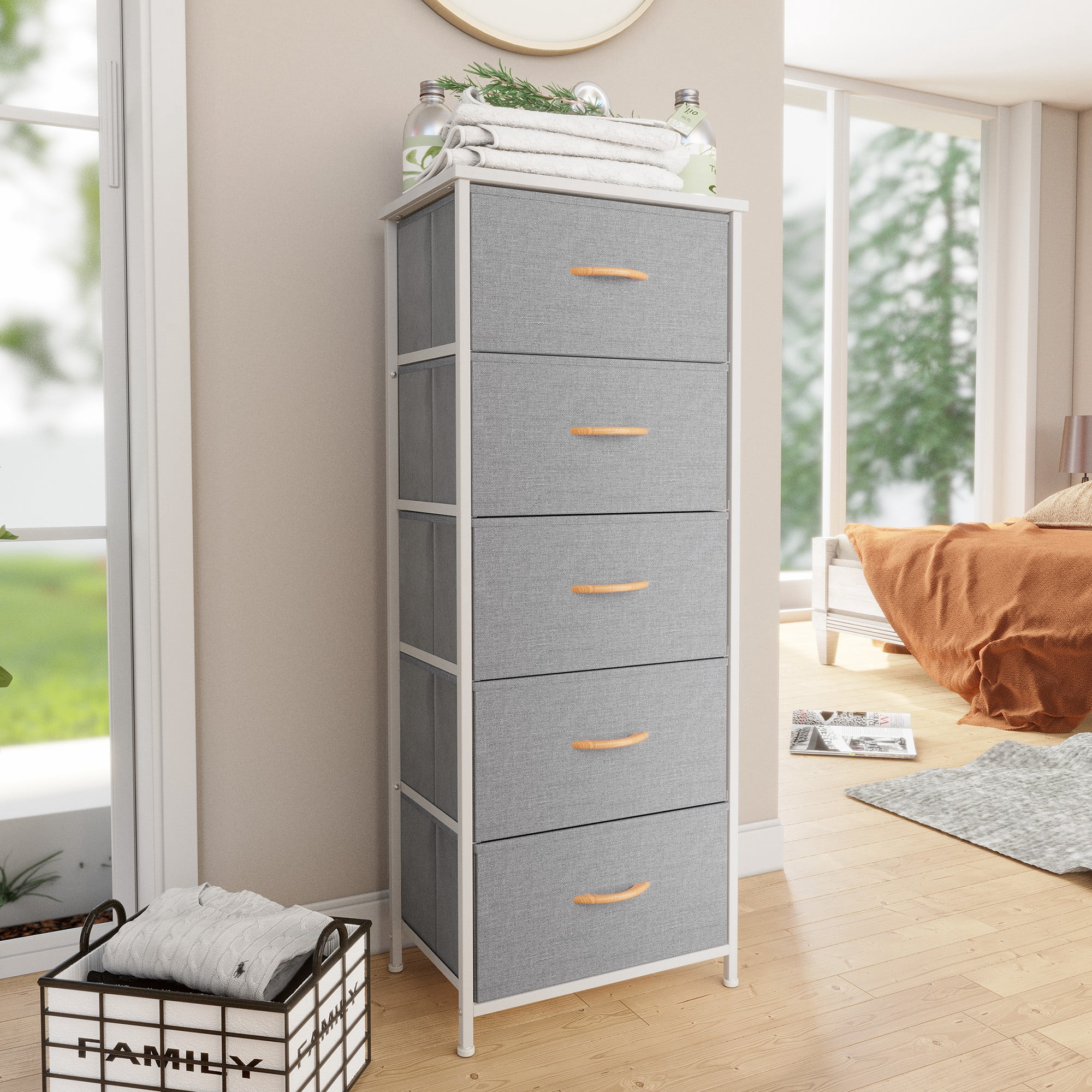 Pellebant Light Gray 5-Drawer Dresser, Tall Narrow Bedroom Upright ...