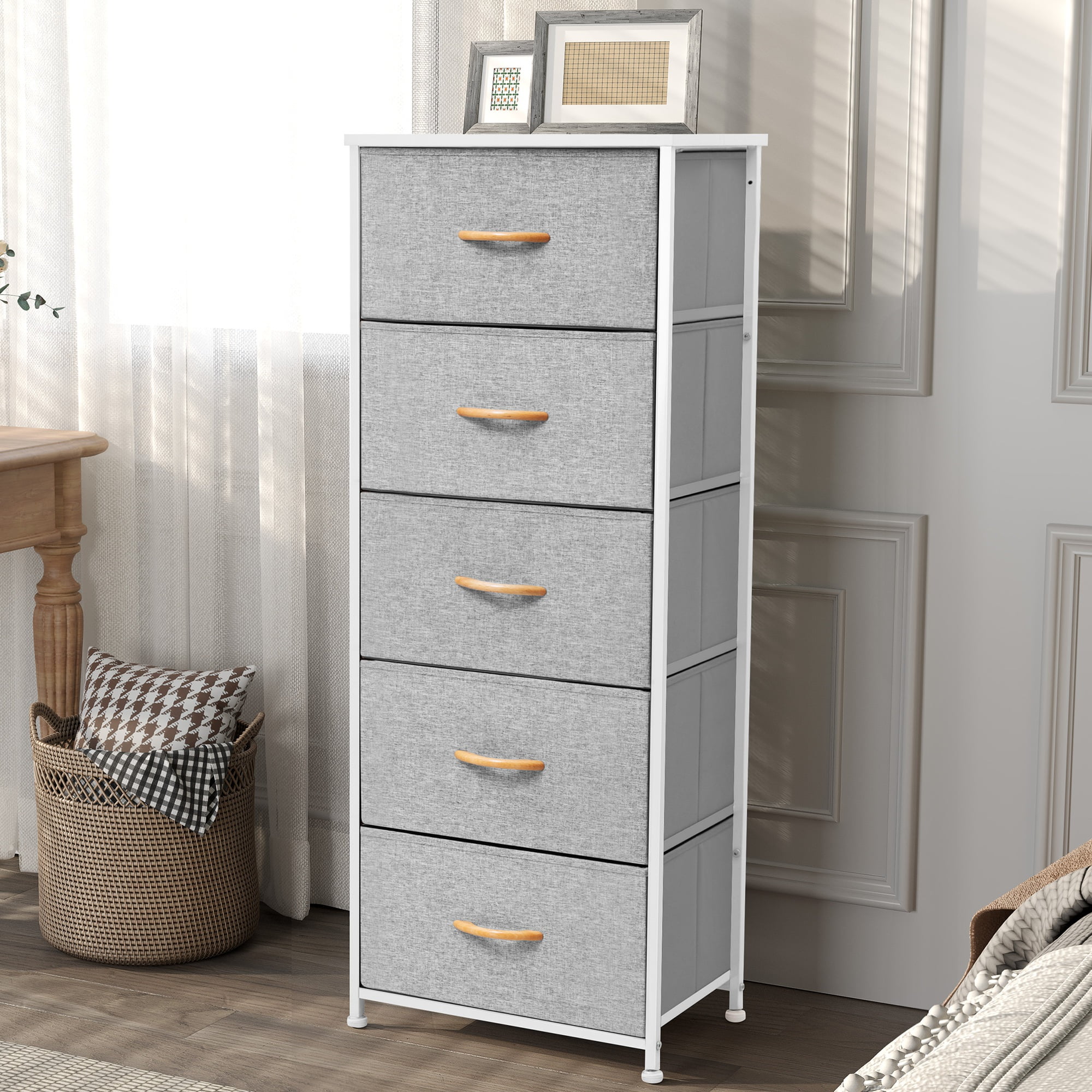 Pellebant Light Gray 5-Drawer Dresser, Tall Narrow Bedroom Upright ...