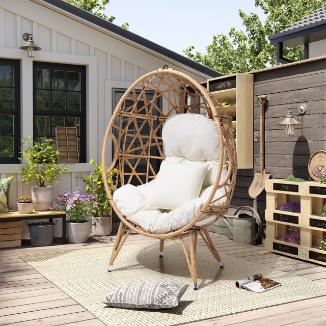 Pellebant Outdoor Wicker Egg Chair with Cushion Flattened rattan weave ...